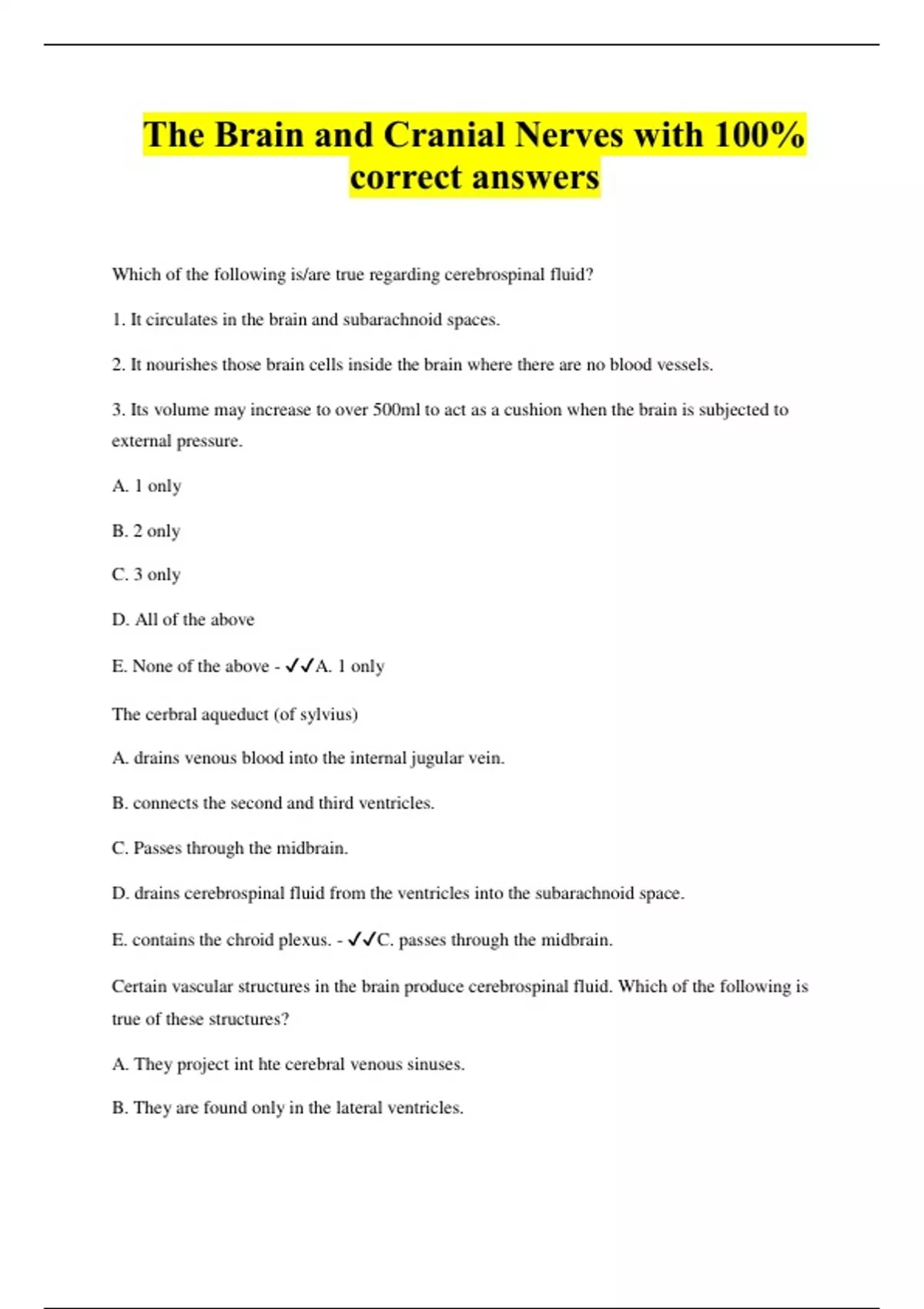 The Brain and Cranial Nerves with 100% correct answers - Medicine ...
