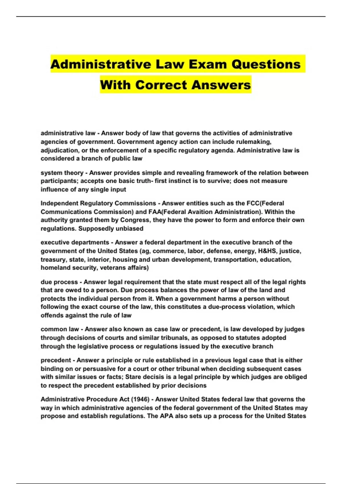 Administrative Law Exam Questions With Correct Answers - Administrative ...