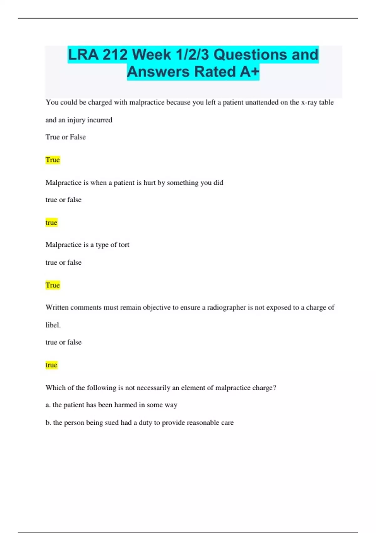 LRA 212 Week 1/2/3 Questions and Answers Rated A+ - LRA 212 - Stuvia US