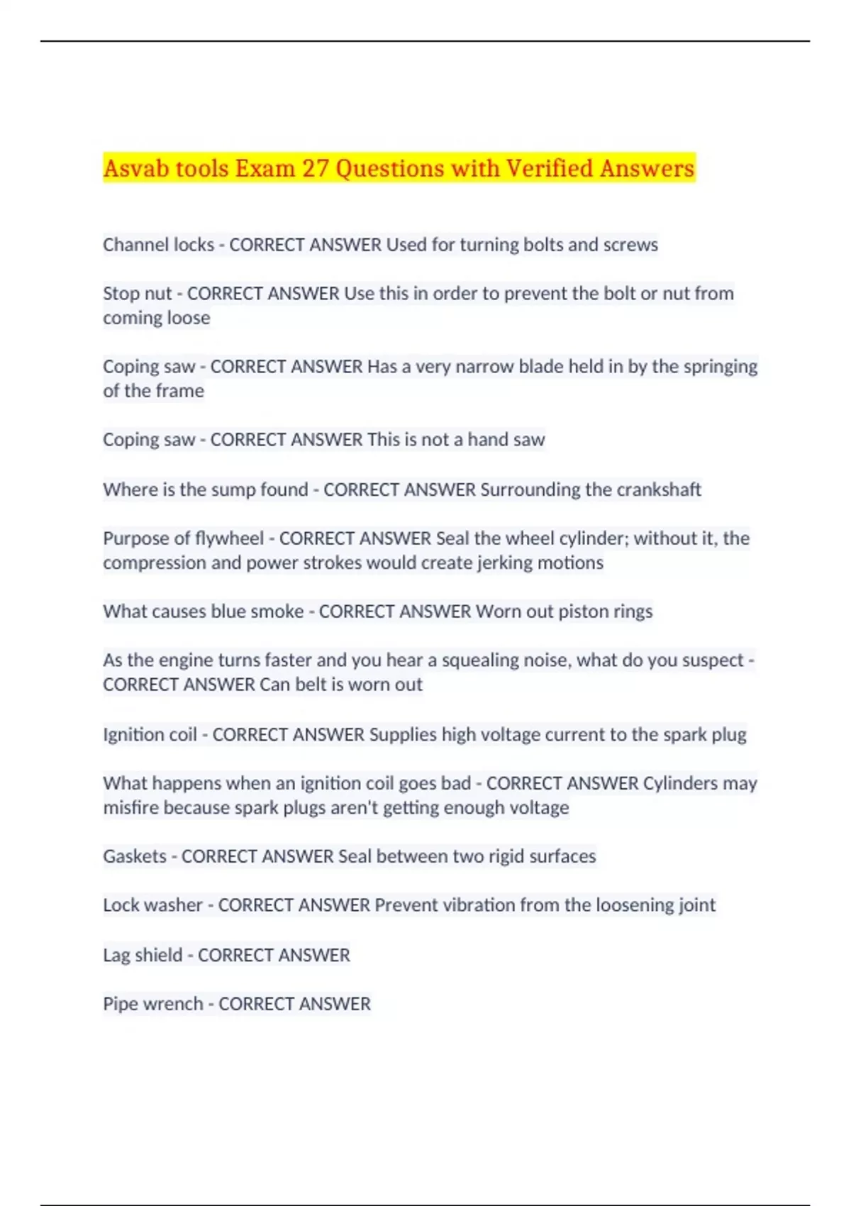 Asvab tools Exam 27 Questions with Verified Answers,100% CORRECT ...