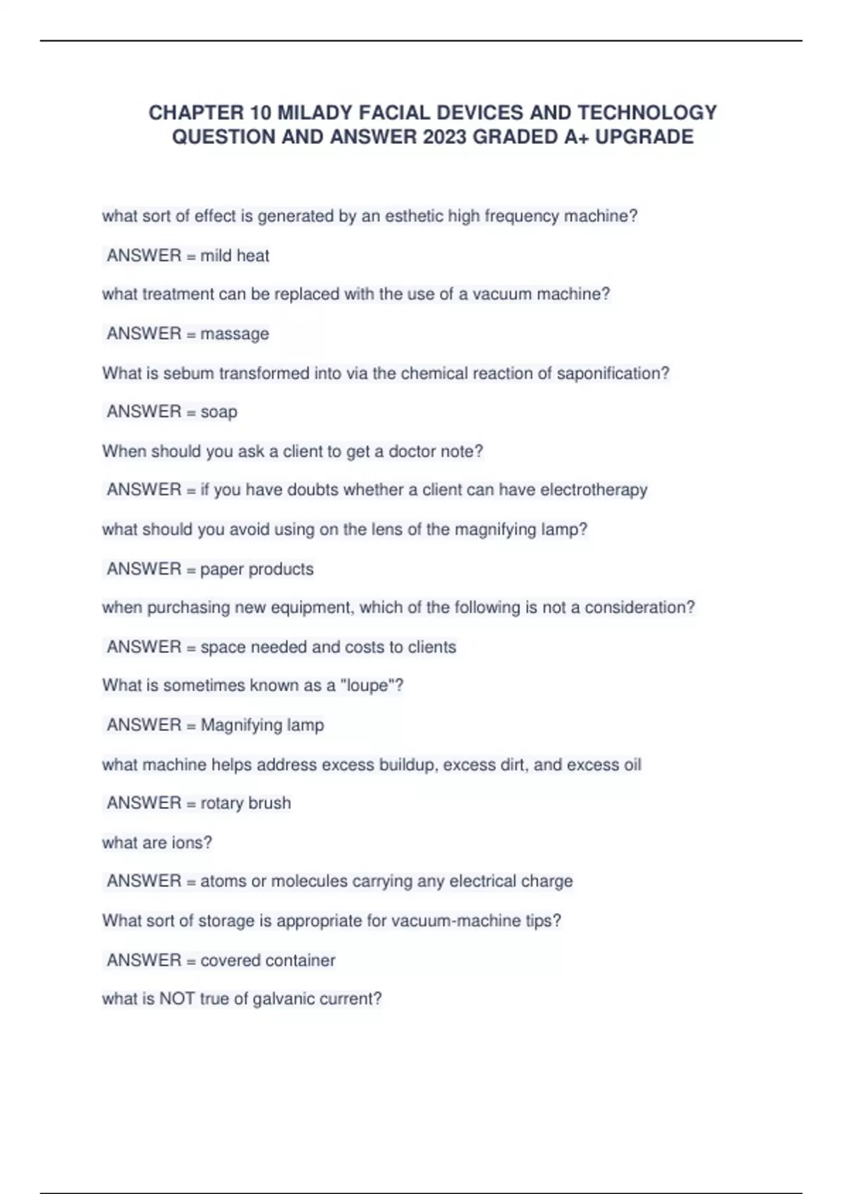 CHAPTER 10 MILADY FACIAL DEVICES AND TECHNOLOGY QUESTION AND ANSWER ...