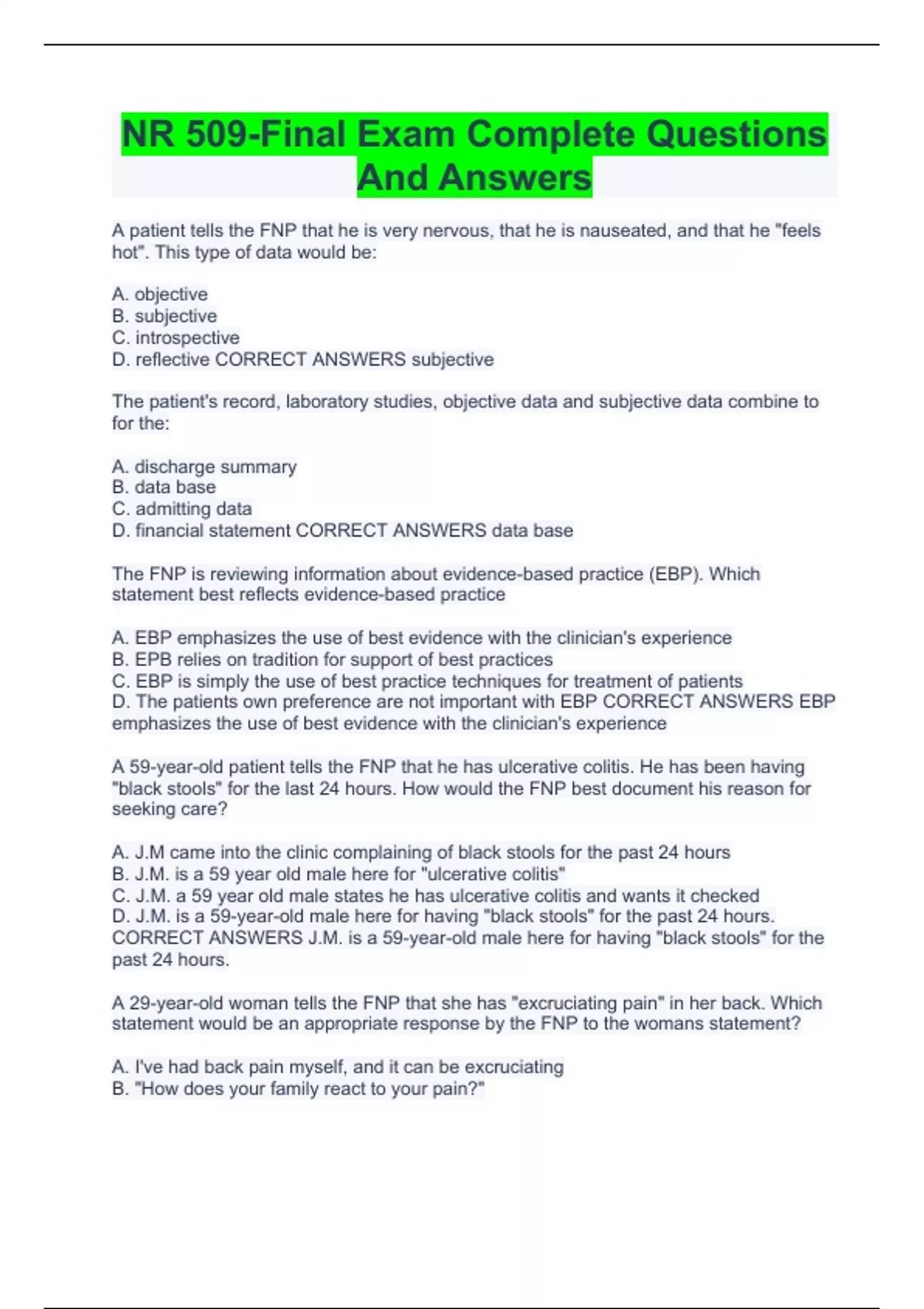 NR 509-Final Exam Complete Questions And Answers - NR 509 - Stuvia US