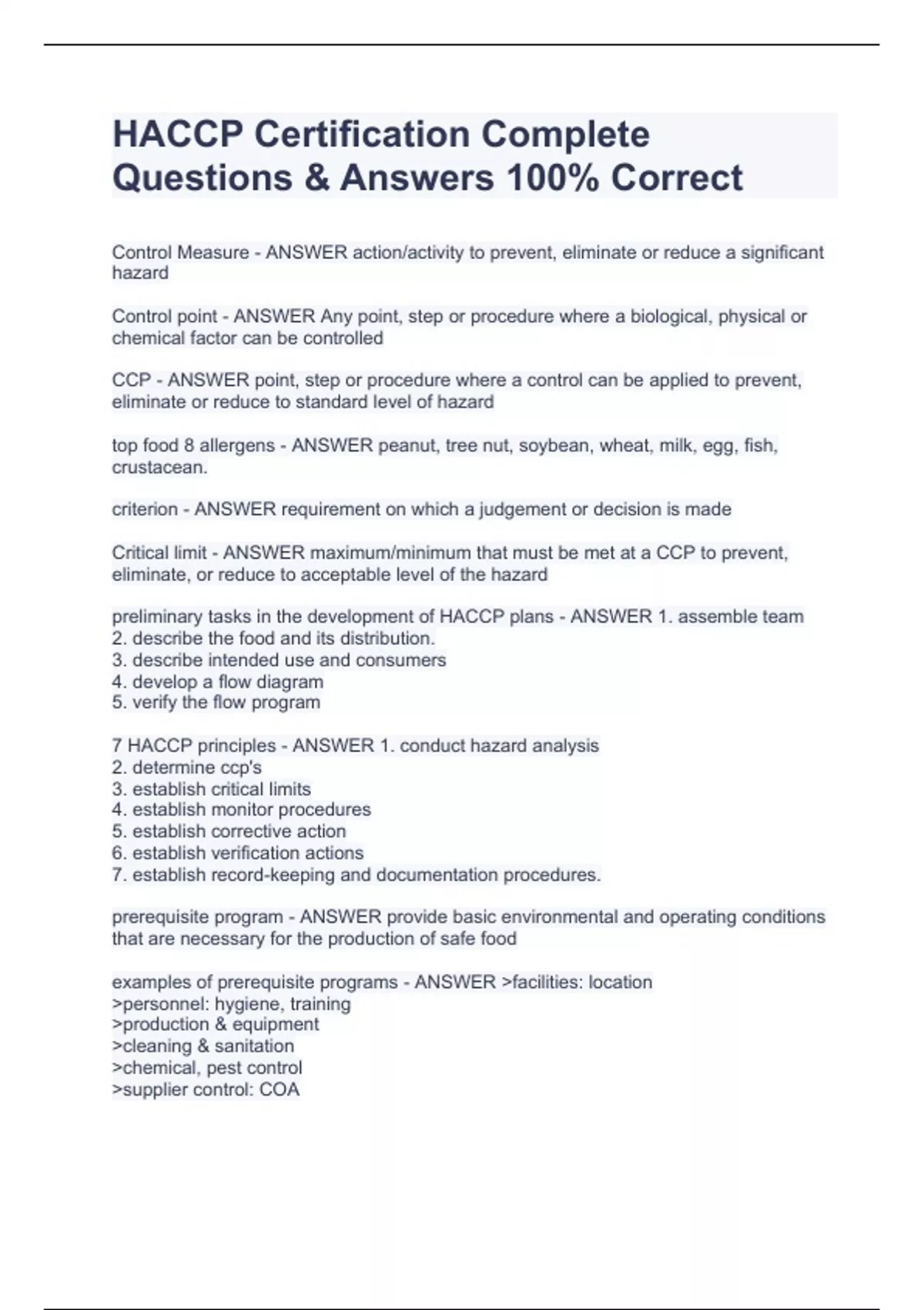 HACCP Certification Complete Questions & Answers 100% Correct - HACCP ...