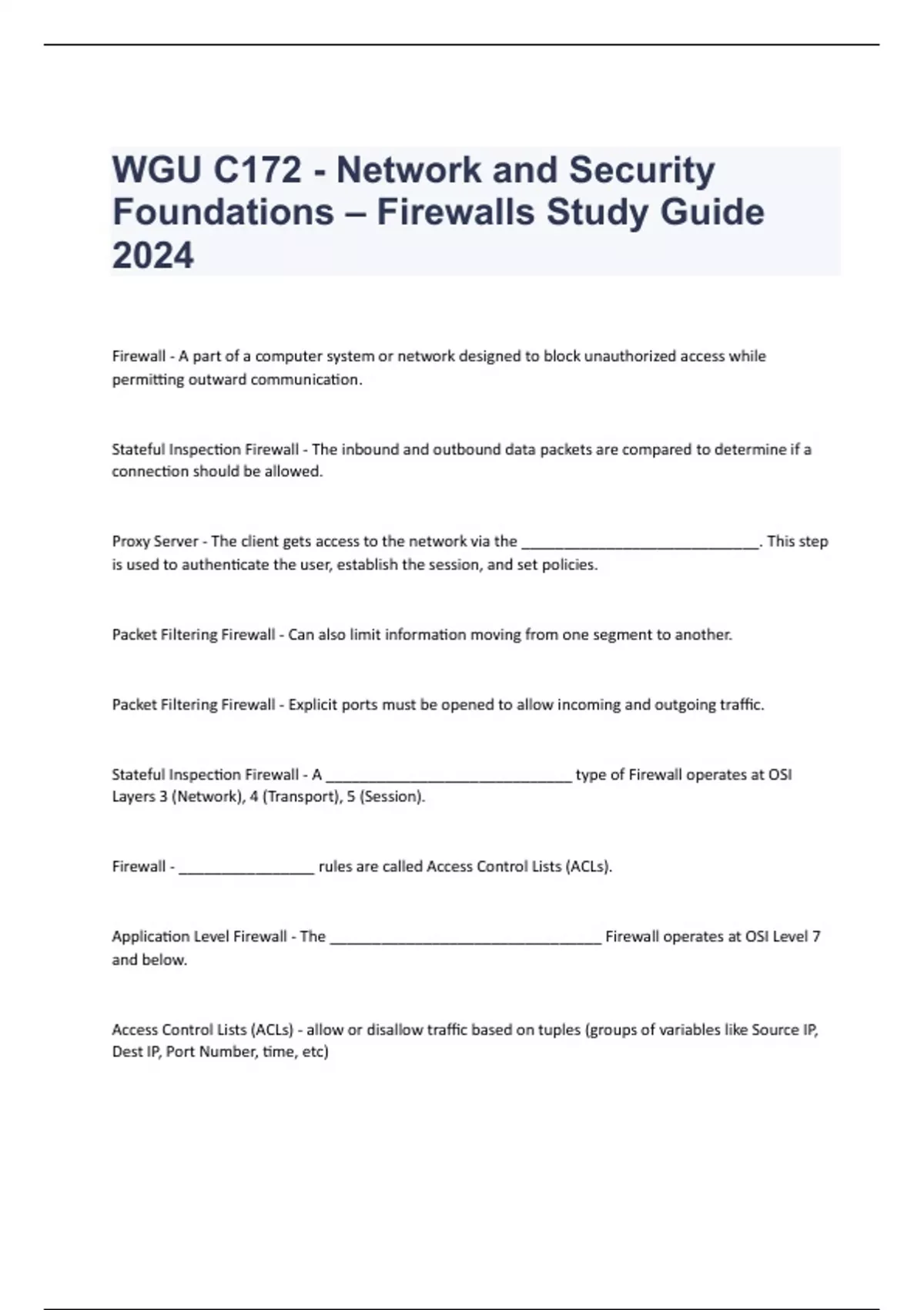 WGU C172 - Network and Security Foundations – Firewalls Study Guide 2024 - WGU C172 - Stuvia US