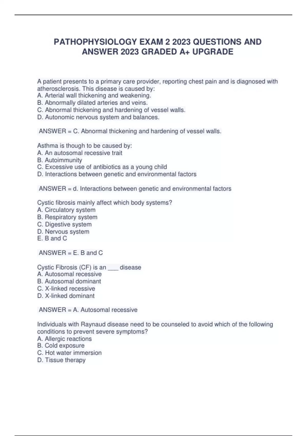 PATHOPHYSIOLOGY EXAM 2 2023 QUESTIONS AND ANSWER 2023 GRADED A+ UPGRADE ...