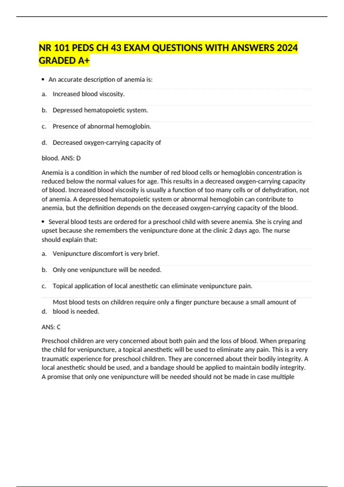 NR 101 PEDS CH 43 EXAM QUESTIONS WITH ANSWERS 2024 GRADED A+ - NR 101 ...