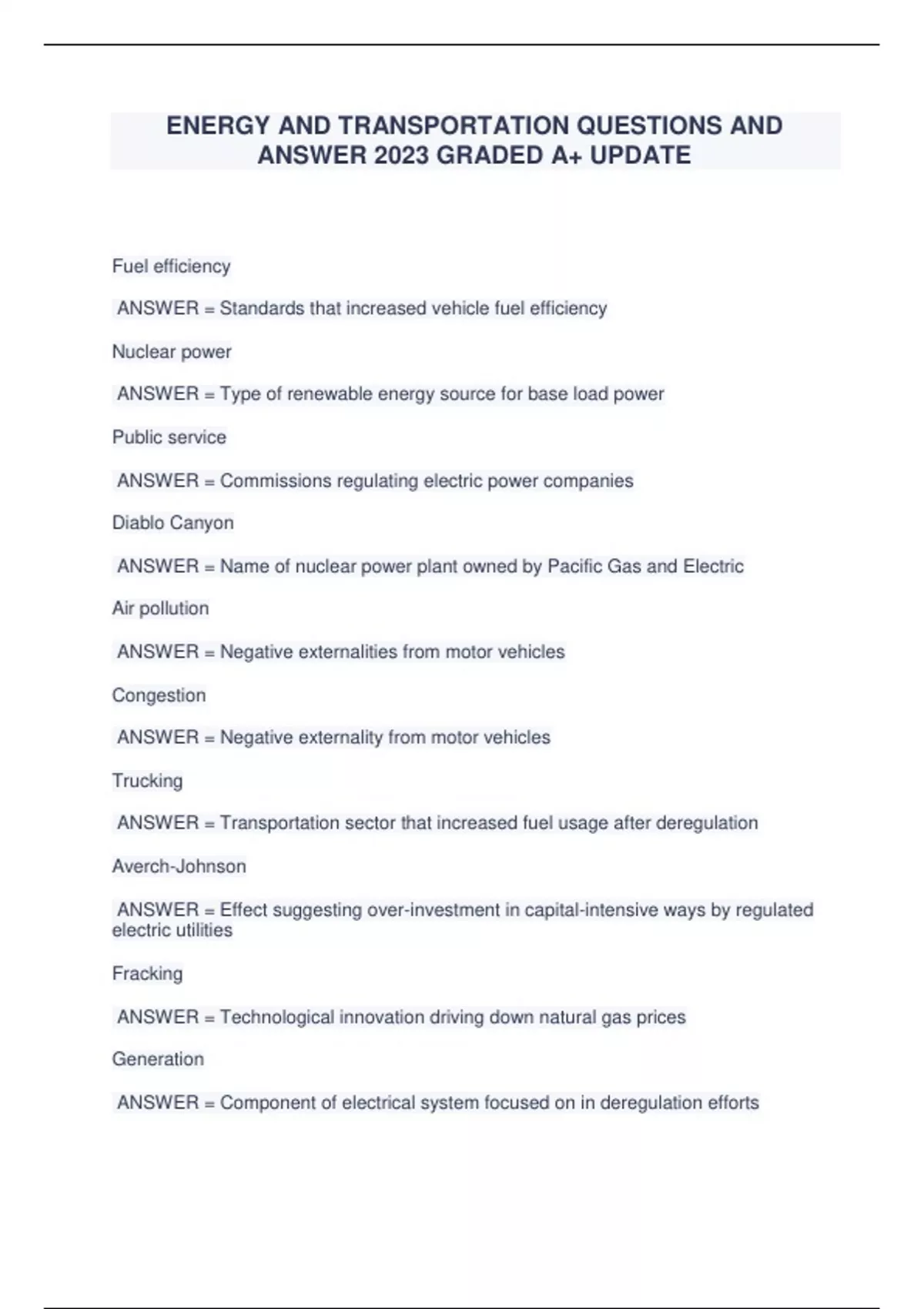ENERGY AND TRANSPORTATION QUESTIONS AND ANSWER 2023 GRADED A+ UPDATE ...