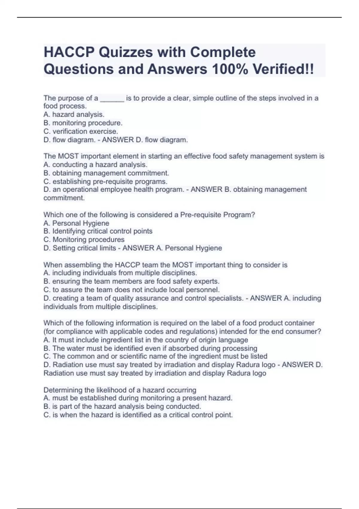HACCP Quizzes with Complete Questions and Answers 100% Verified ...