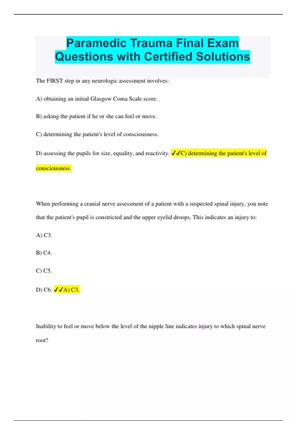 Paramedic Trauma Final Exam Questions with Certified Solutions ...