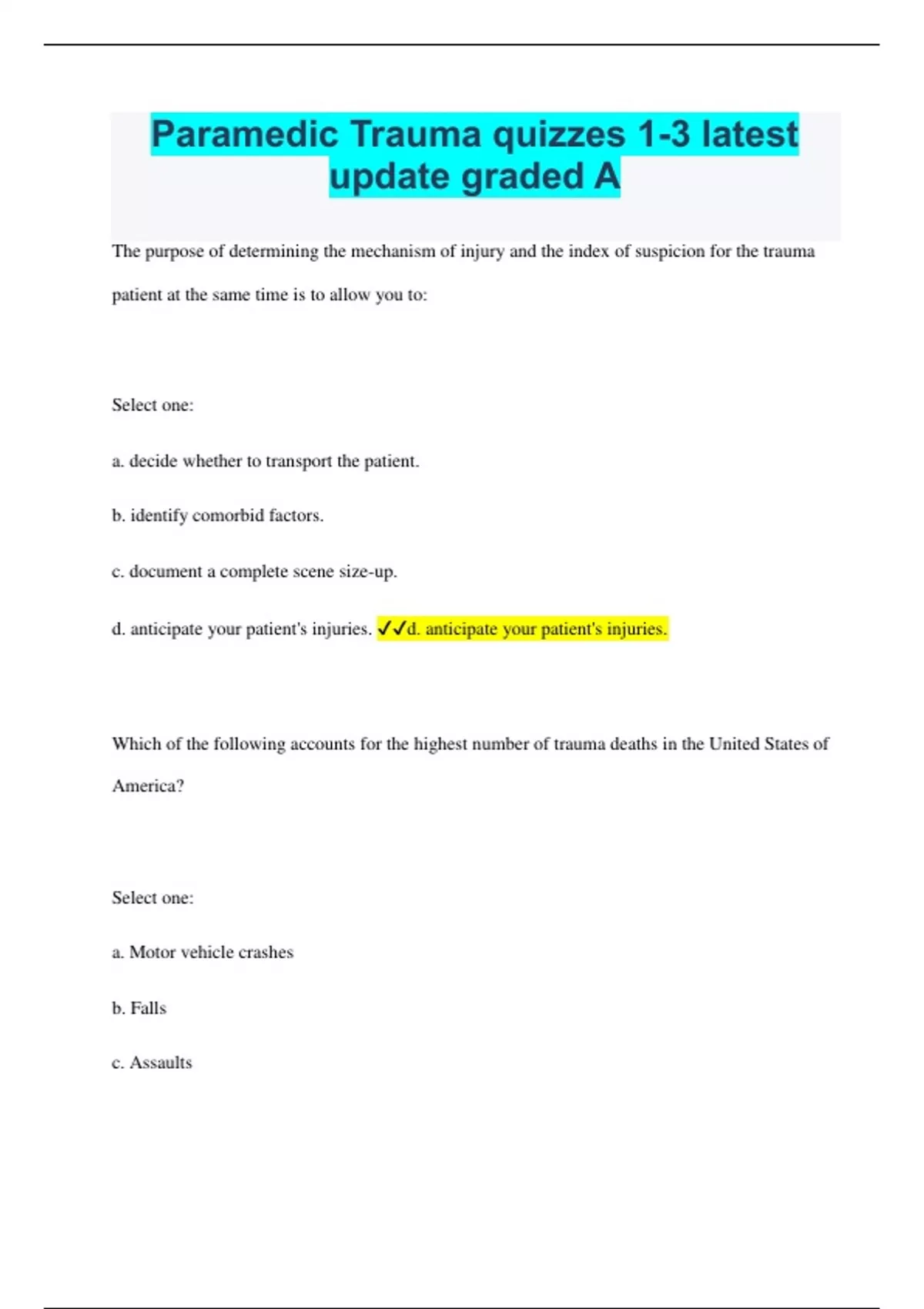 Paramedic Trauma quizzes 1-3 latest update graded A - Paramedic Trauma ...