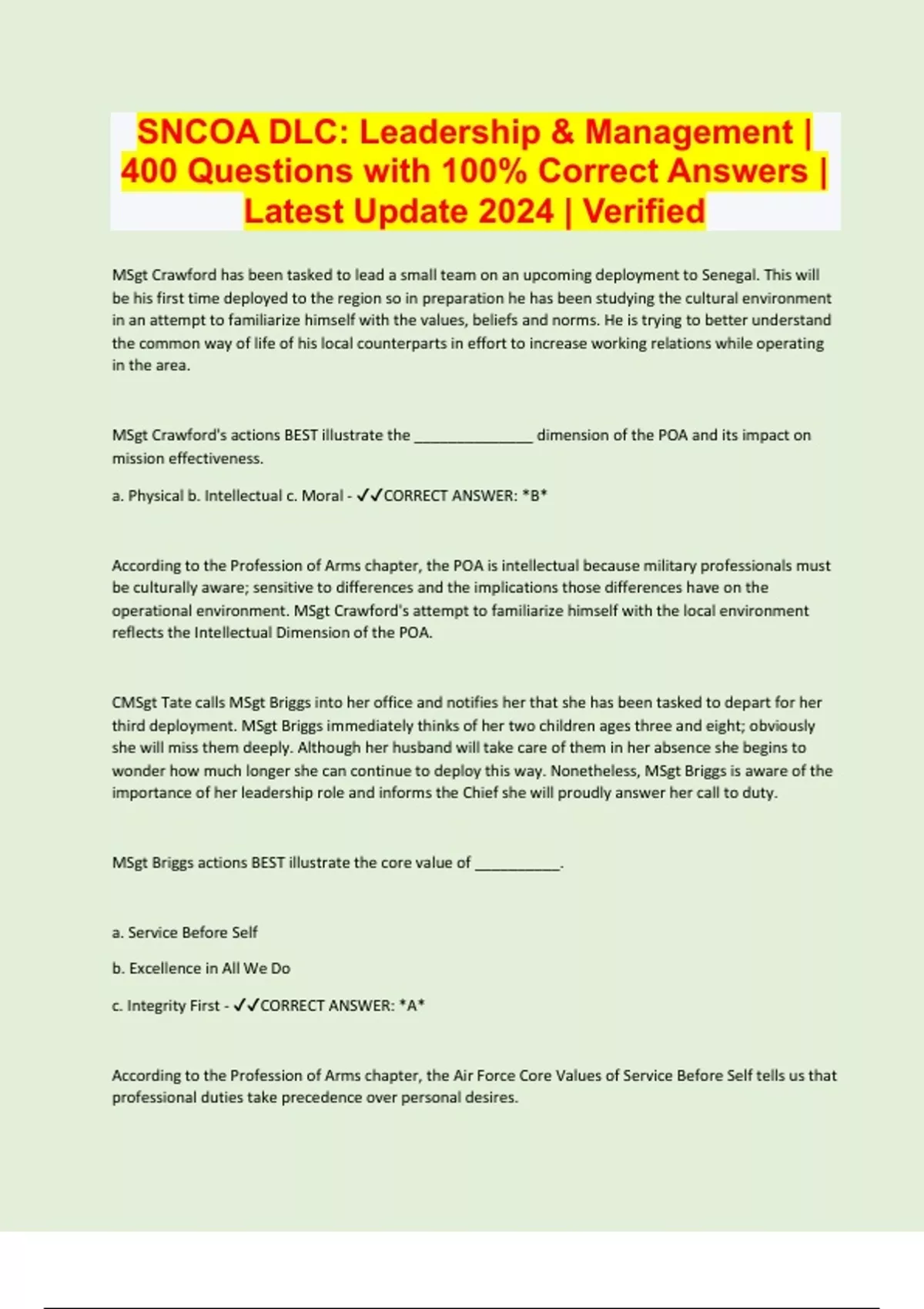 SNCOA DLC: Leadership & Management | 400 Questions with 100% Correct ...