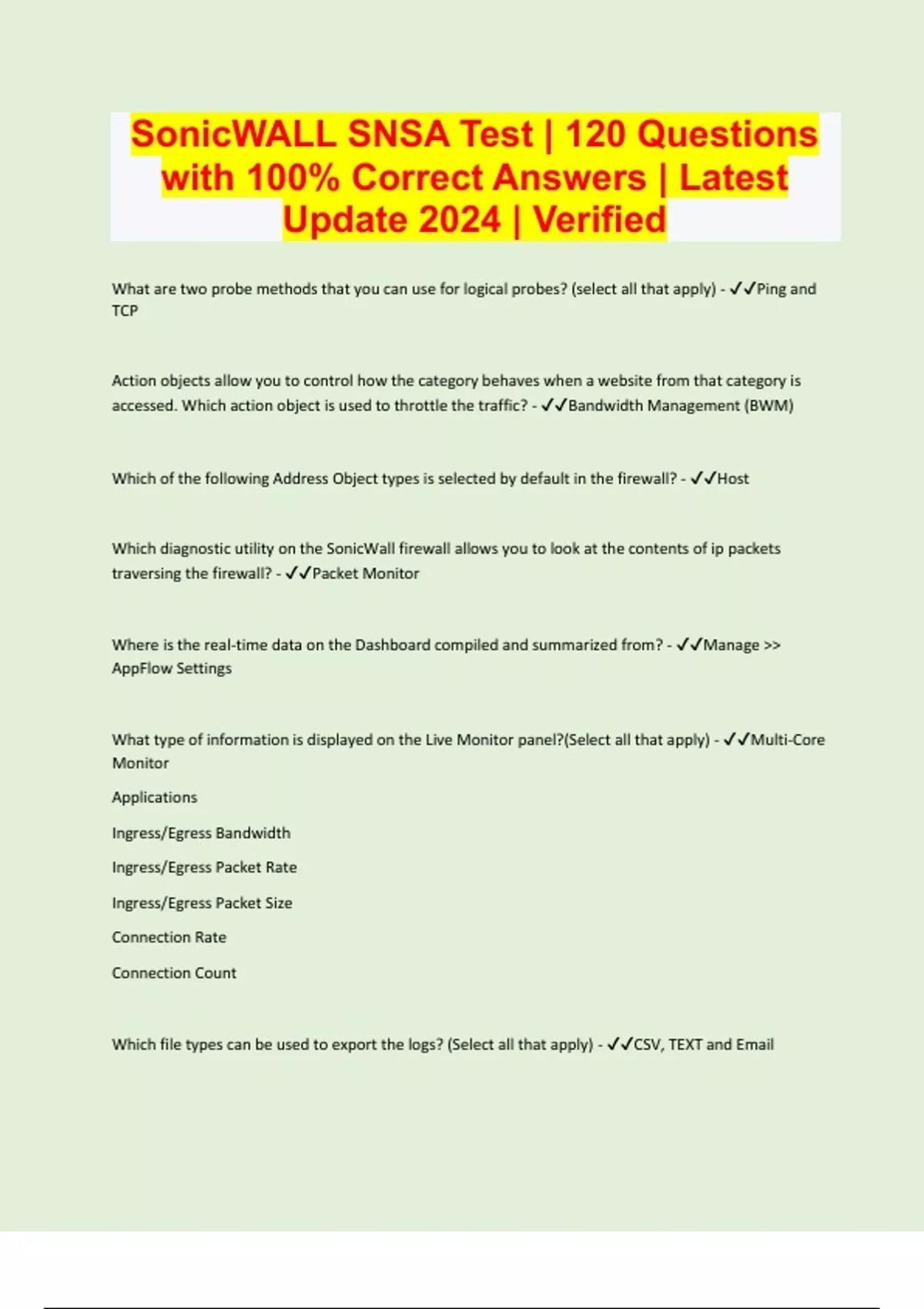 SonicWALL SNSA Test | 120 Questions with 100% Correct Answers | Latest ...