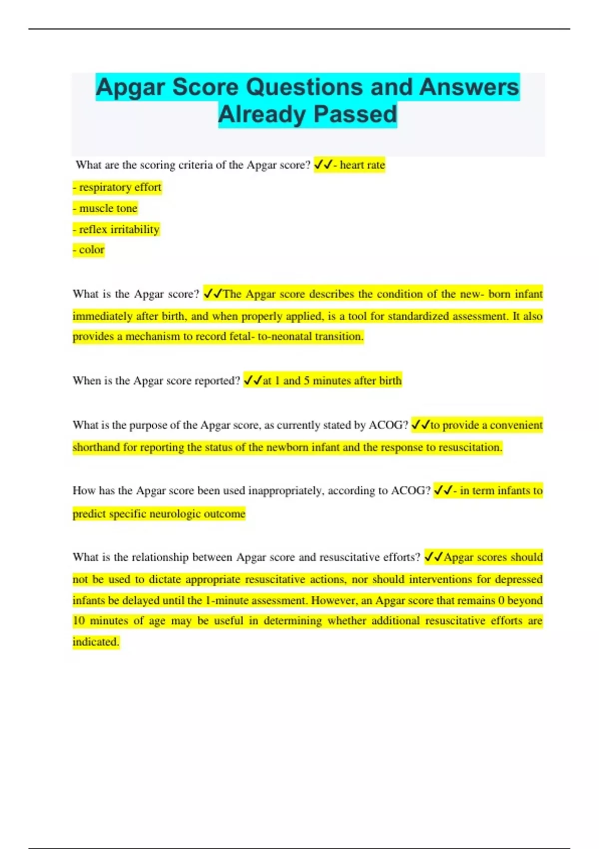 Apgar Score Questions and Answers Already Passed - Apgar - Stuvia US