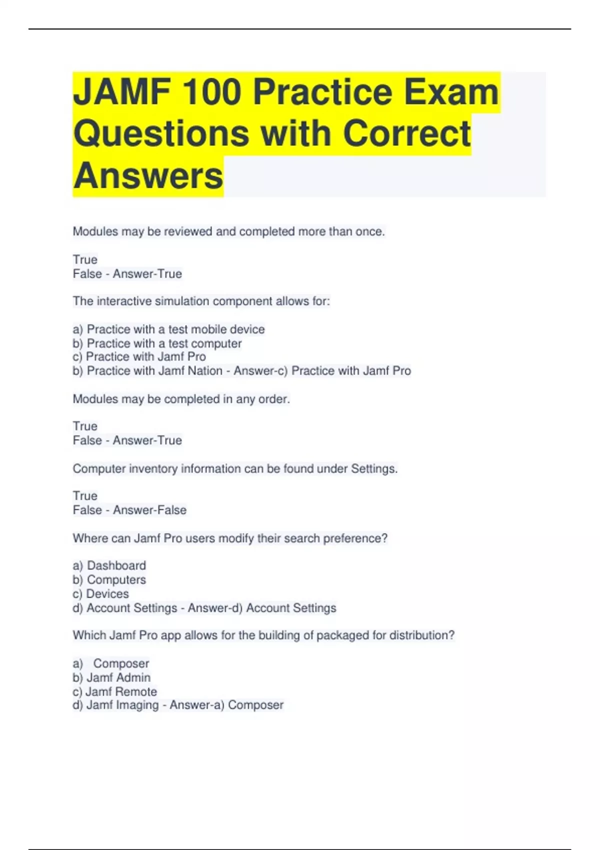 JAMF 100 Practice Exam Questions with Correct Answers - JAMF 100 - Stuvia US