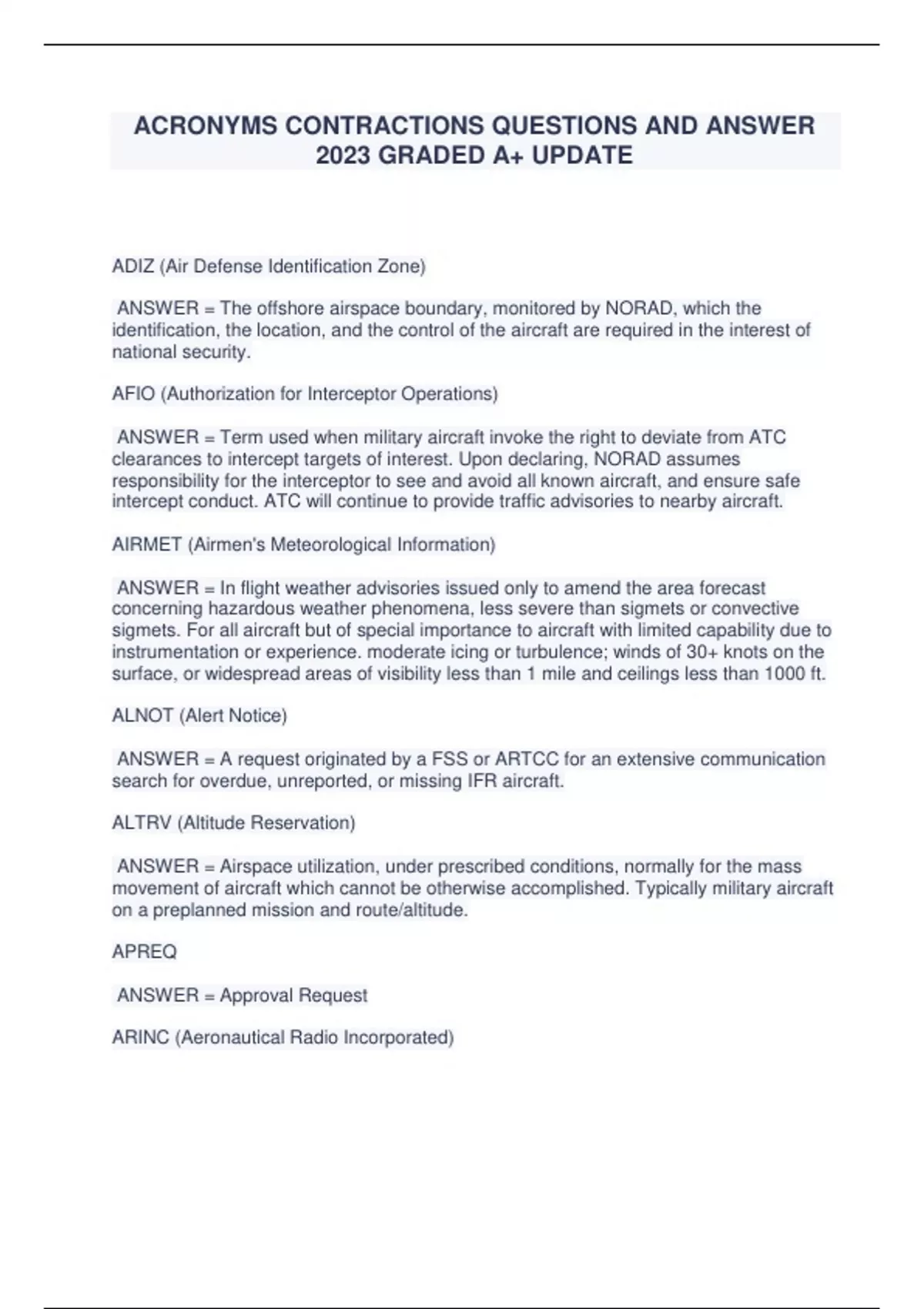 ACRONYMS CONTRACTIONS QUESTIONS AND ANSWER 2023 GRADED A+ UPDATE ...