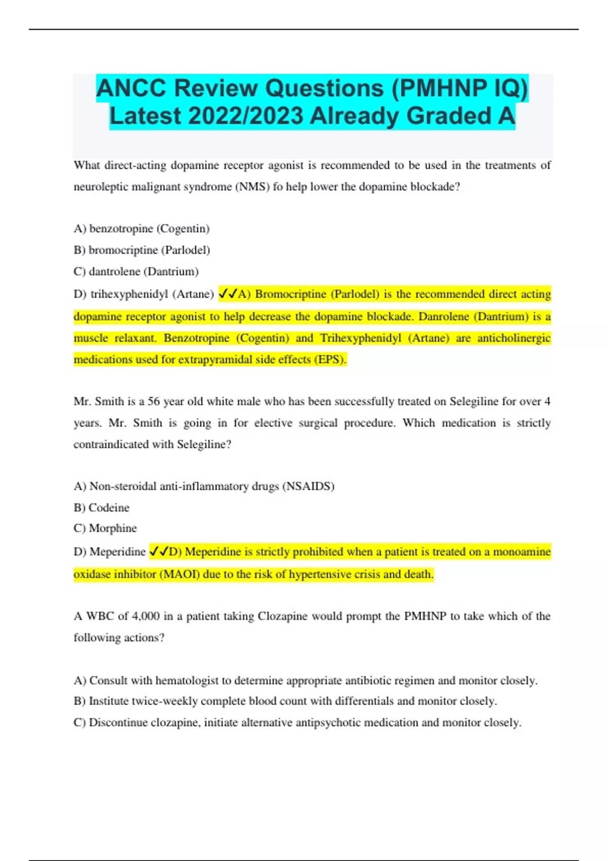 ANCC Review Questions (PMHNP IQ) Already Passed - ANCC - Stuvia US
