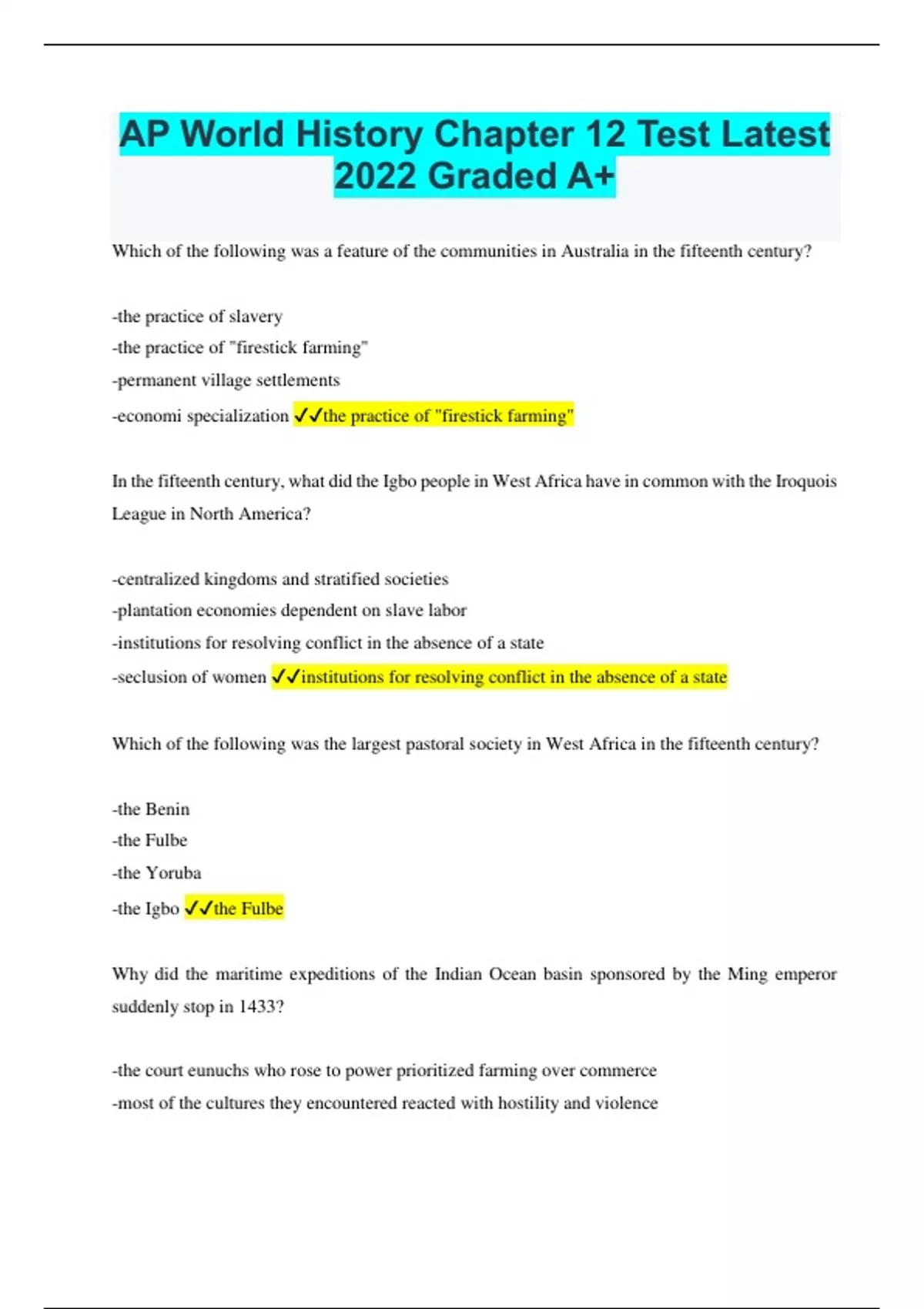 AP World History Chapter 12 Test Latest 2022 Graded A+ - AP WORLD ...