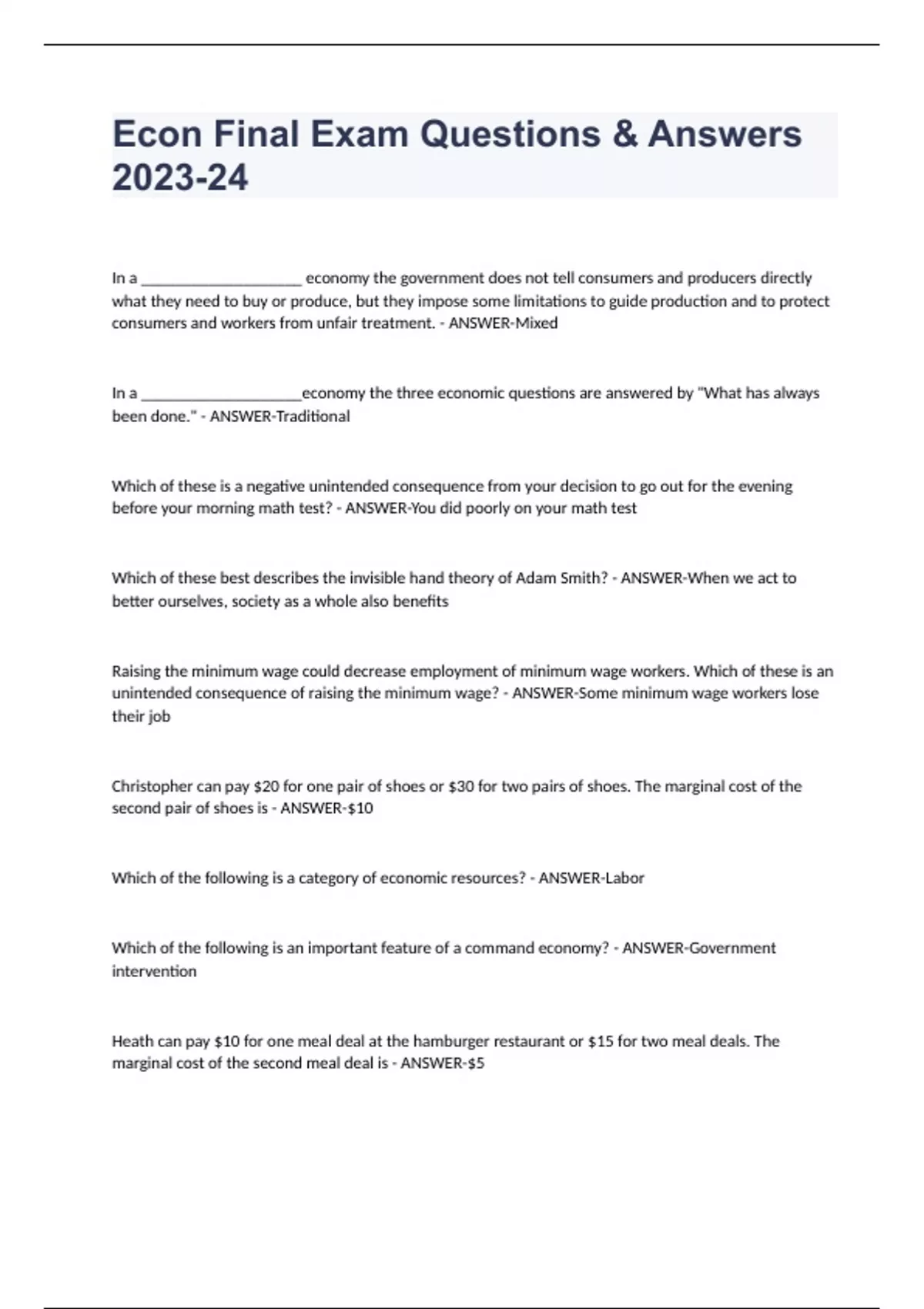 Econ Final Exam Questions & Answers 2023-24 - Econ - Stuvia US