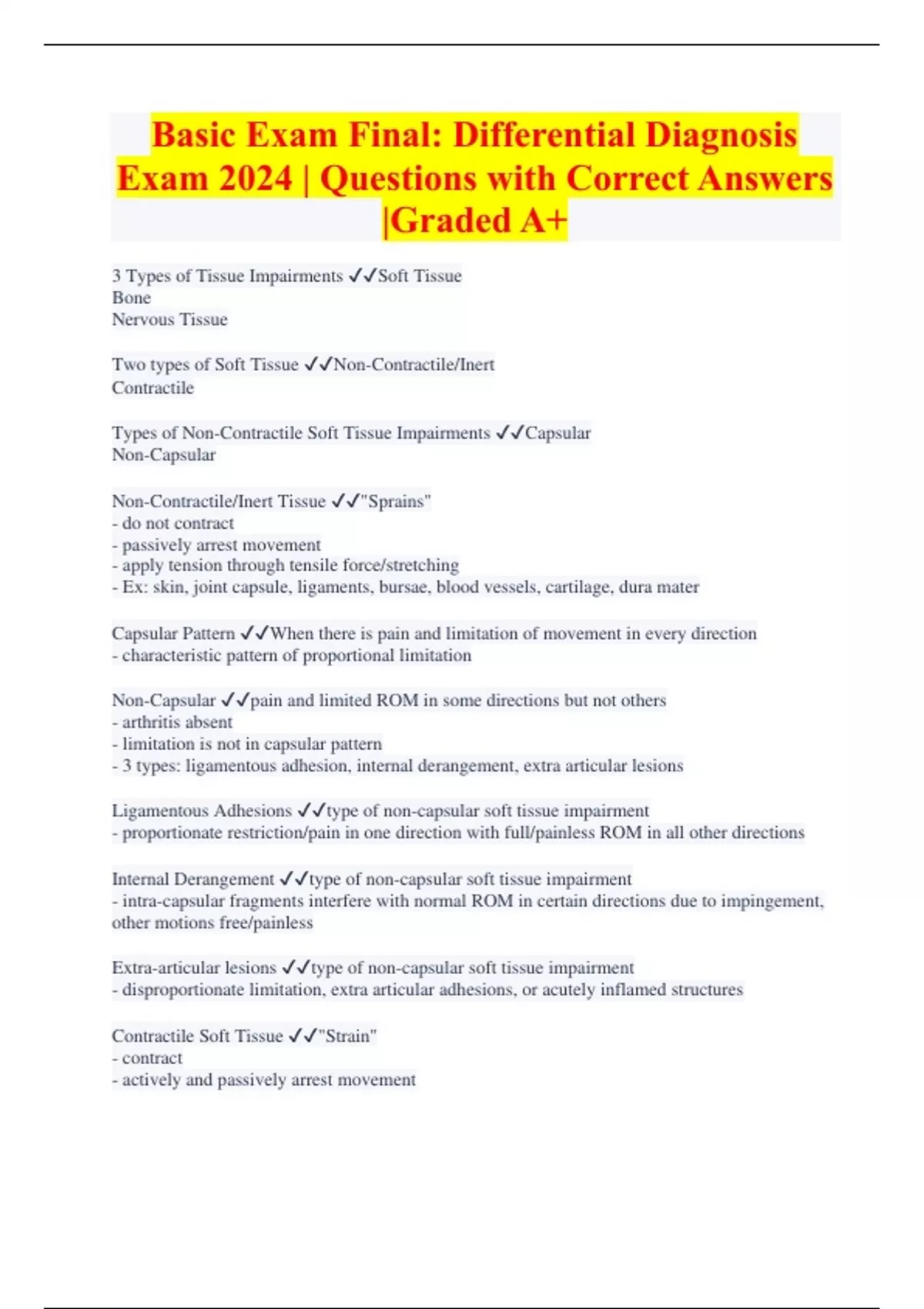 Basic Exam Final: Differential Diagnosis Exam 2024 | Questions with Correct Answers |Graded A+ ...