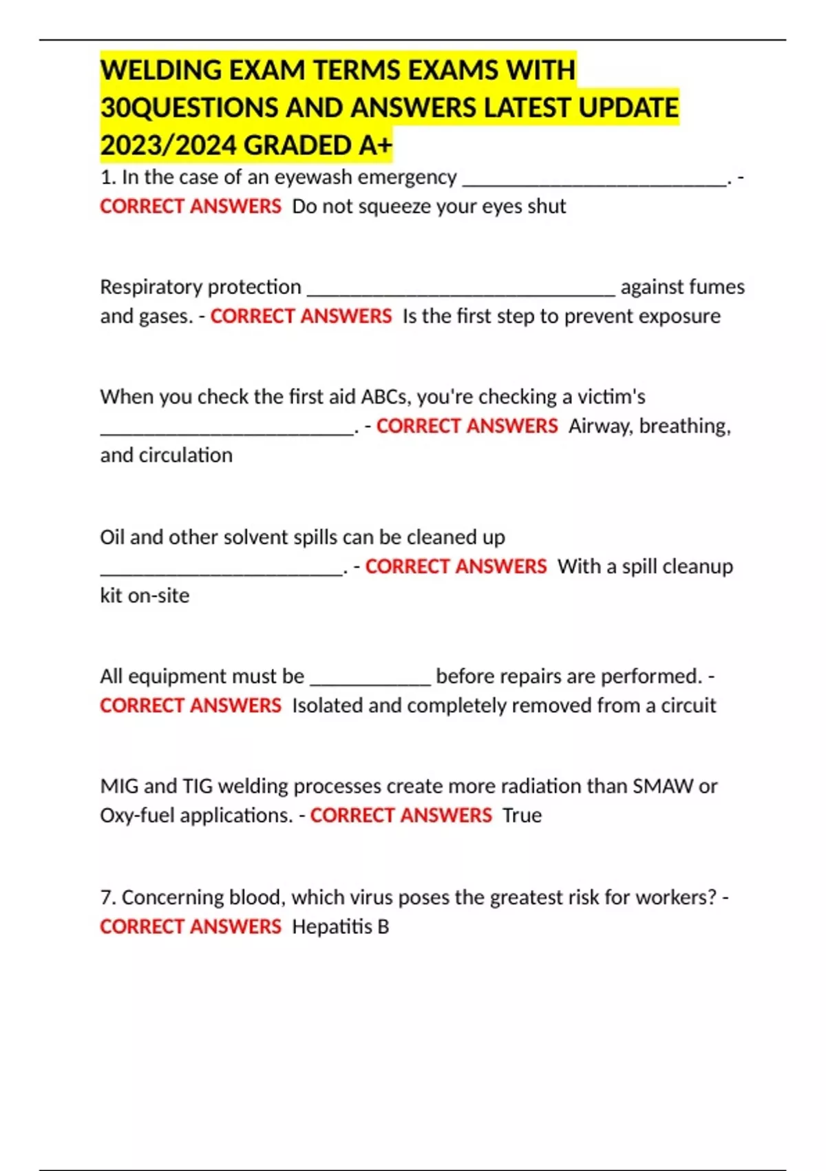 WELDING EXAM TERMS EXAMS WITH 30QUESTIONS AND ANSWERS LATEST UPDATE ...
