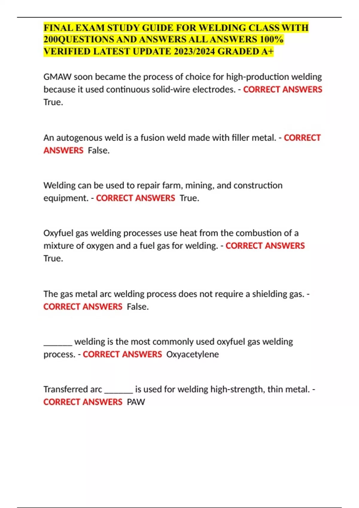Summary FINAL EXAM STUDY GUIDE FOR WELDING CLASS WITH 200QUESTIONS AND ...