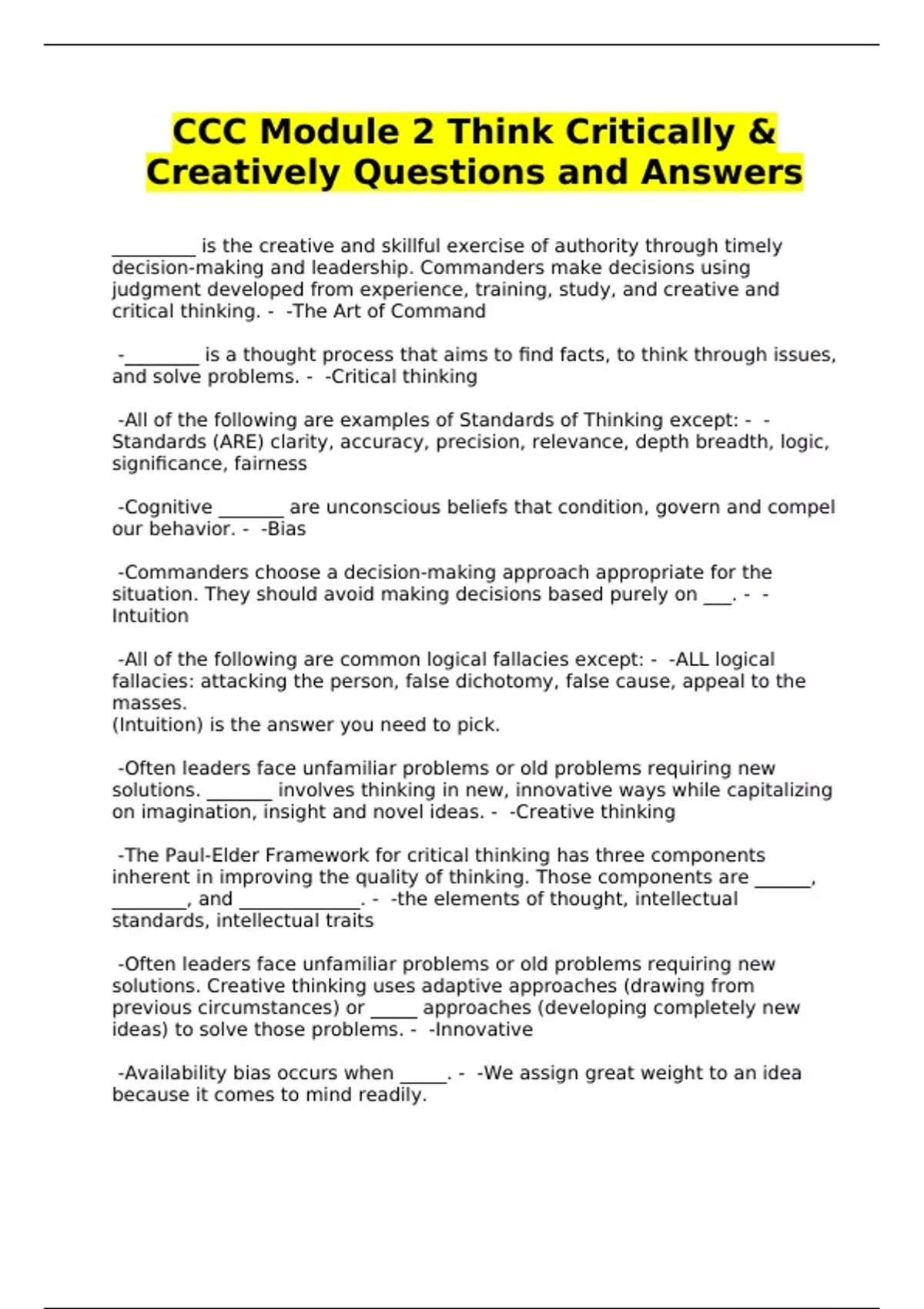 Ccc Module 2 Think Critically And Creatively Questions And Answers Ccc Module 2 Think Critically