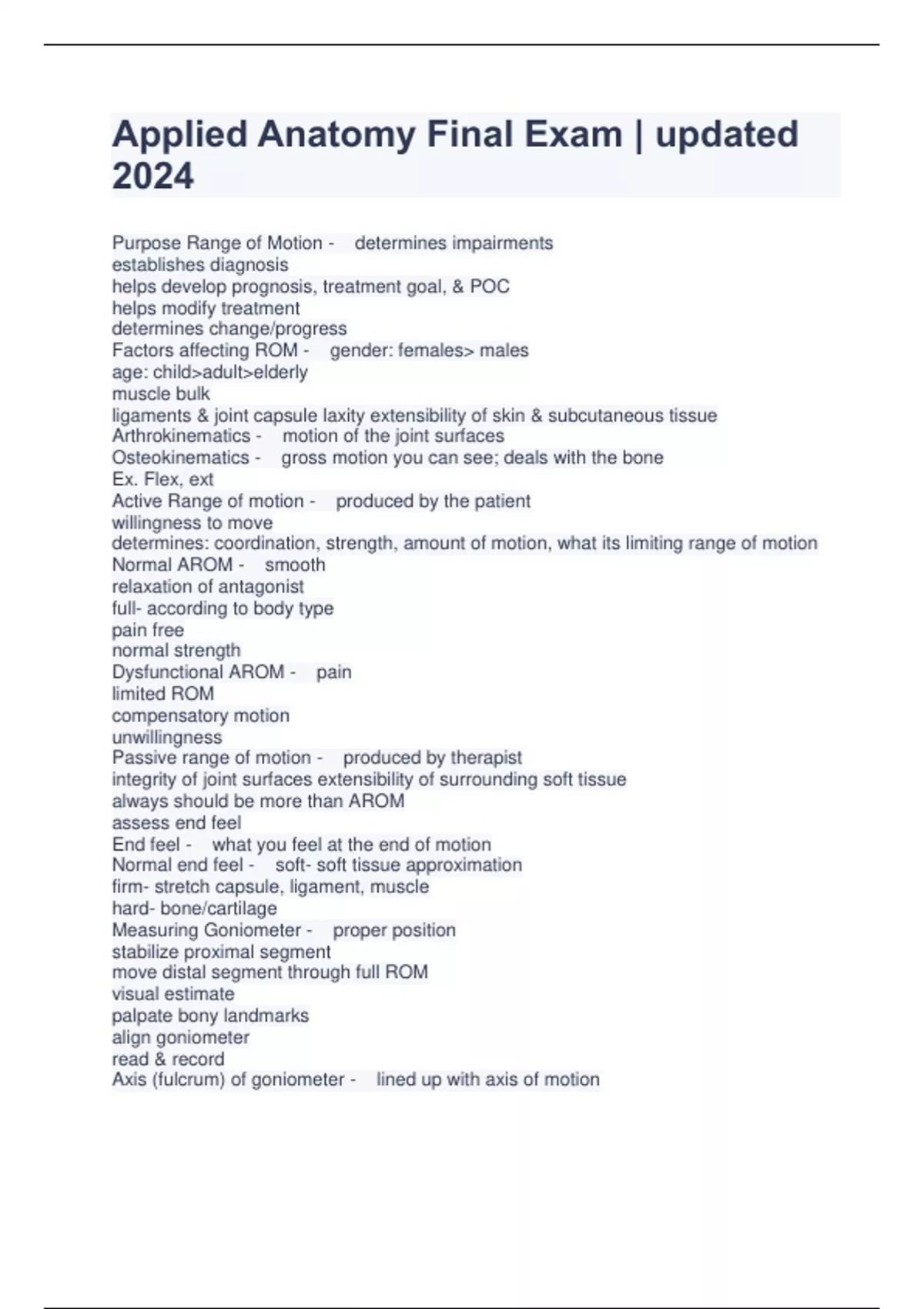 Applied Anatomy Final Exam | updated 2024 - Applied Anatomy - Stuvia US