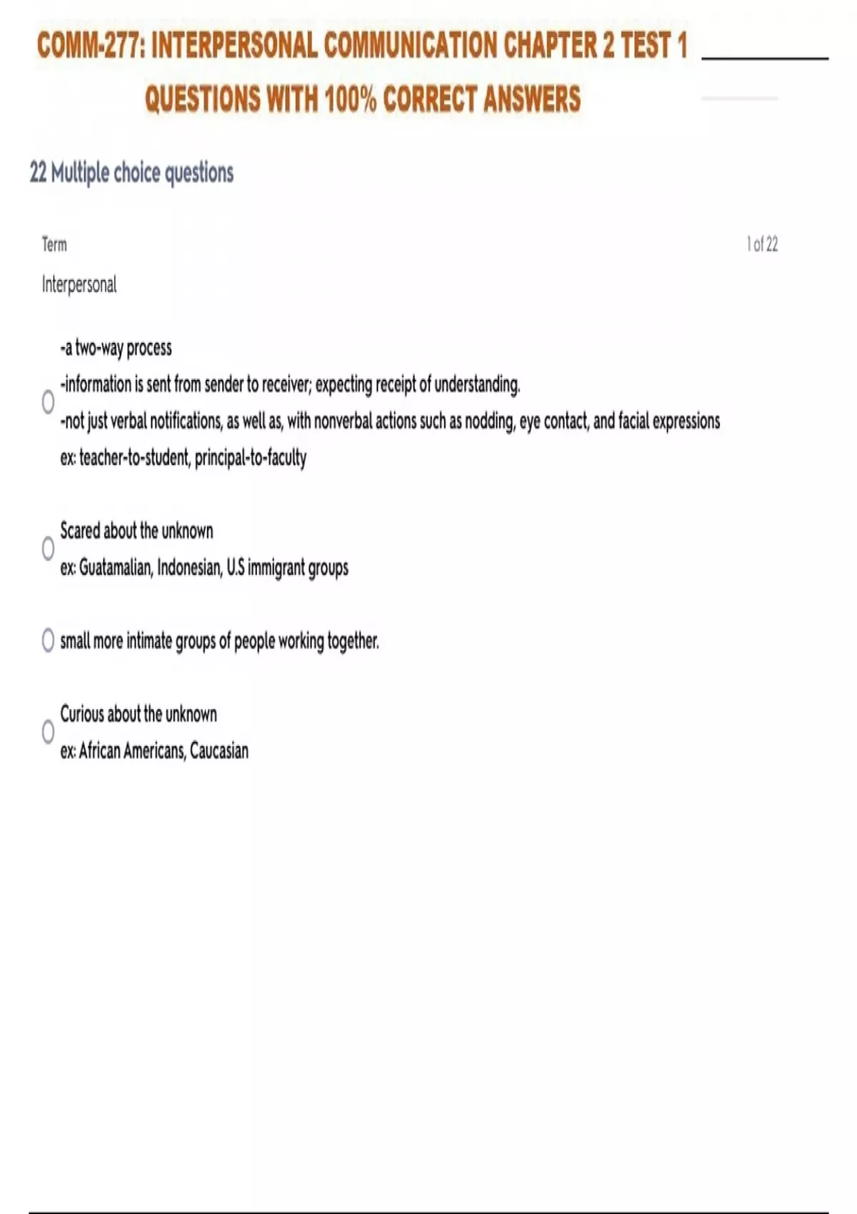 INTERPERSONAL COMMUNICATION COMM-277 CHAPTER 2 TEST 1 QUESTIONS WITH ...