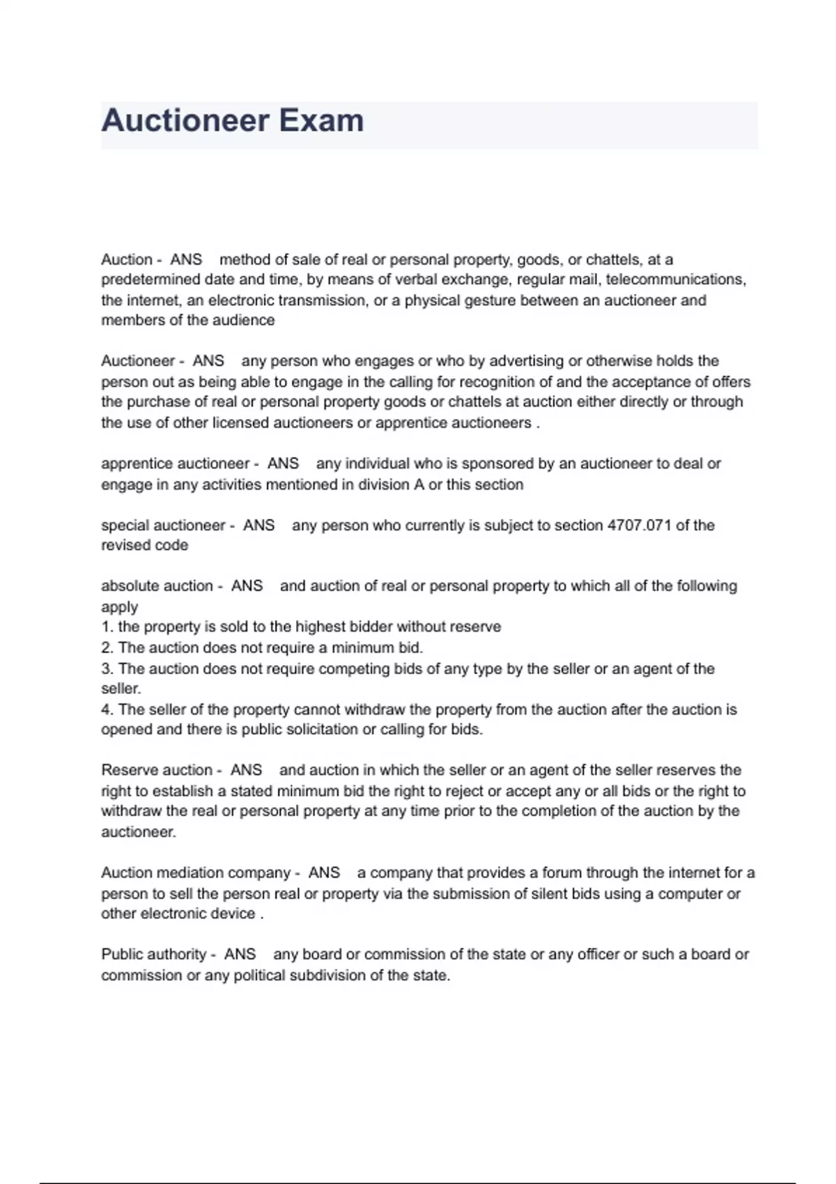 PA Auctioneer Exam Multiple Choice Questions And Answers Combined ...