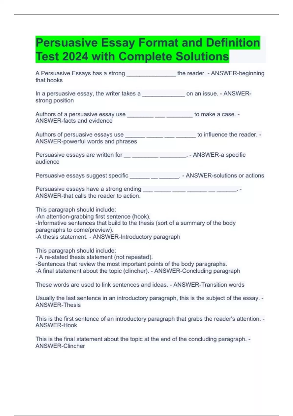 Persuasive Essay Format and Definition Test 2024 with Complete ...