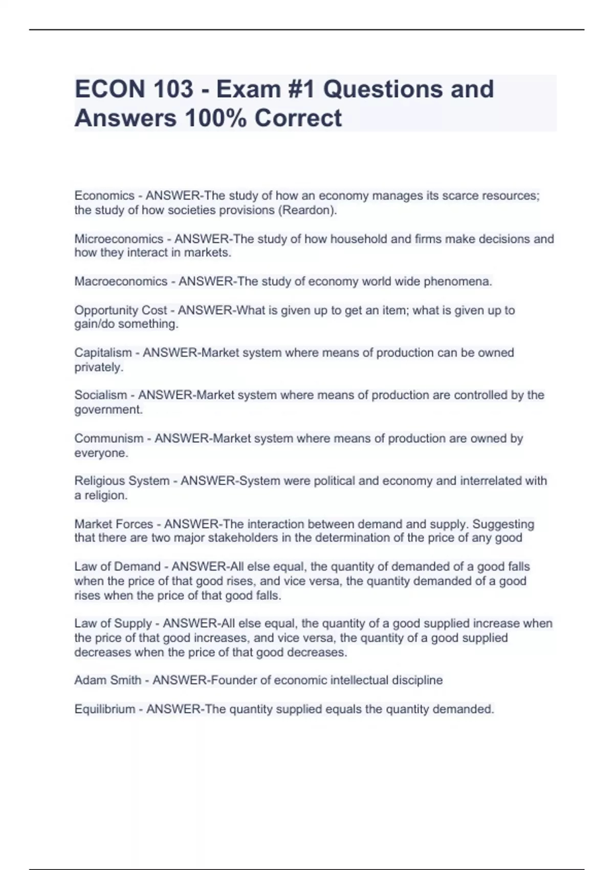 ECON 103 - Exam #1 Questions and Answers 100% Correct - ECON 103 - Stuvia US