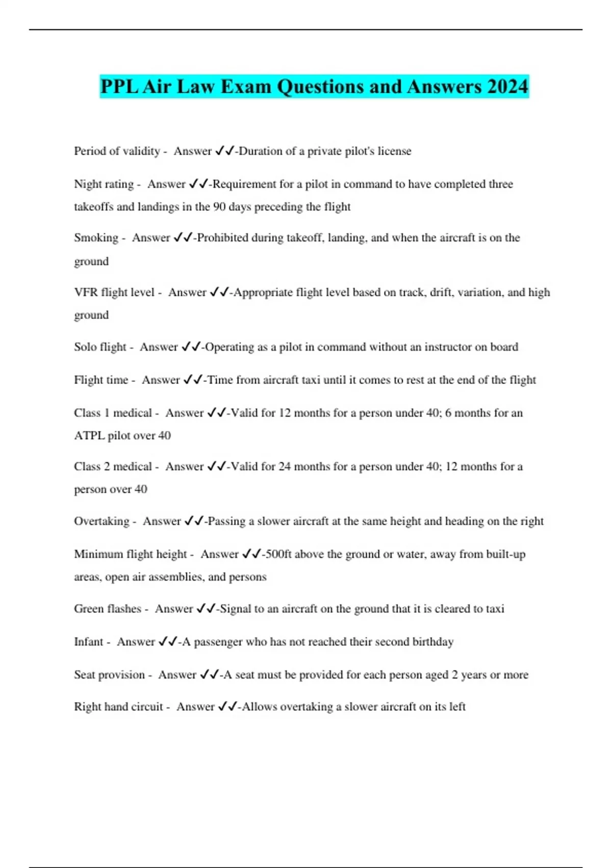 PPL Air Law Exam Questions and Answers 2024 - Aviation Law - Stuvia US