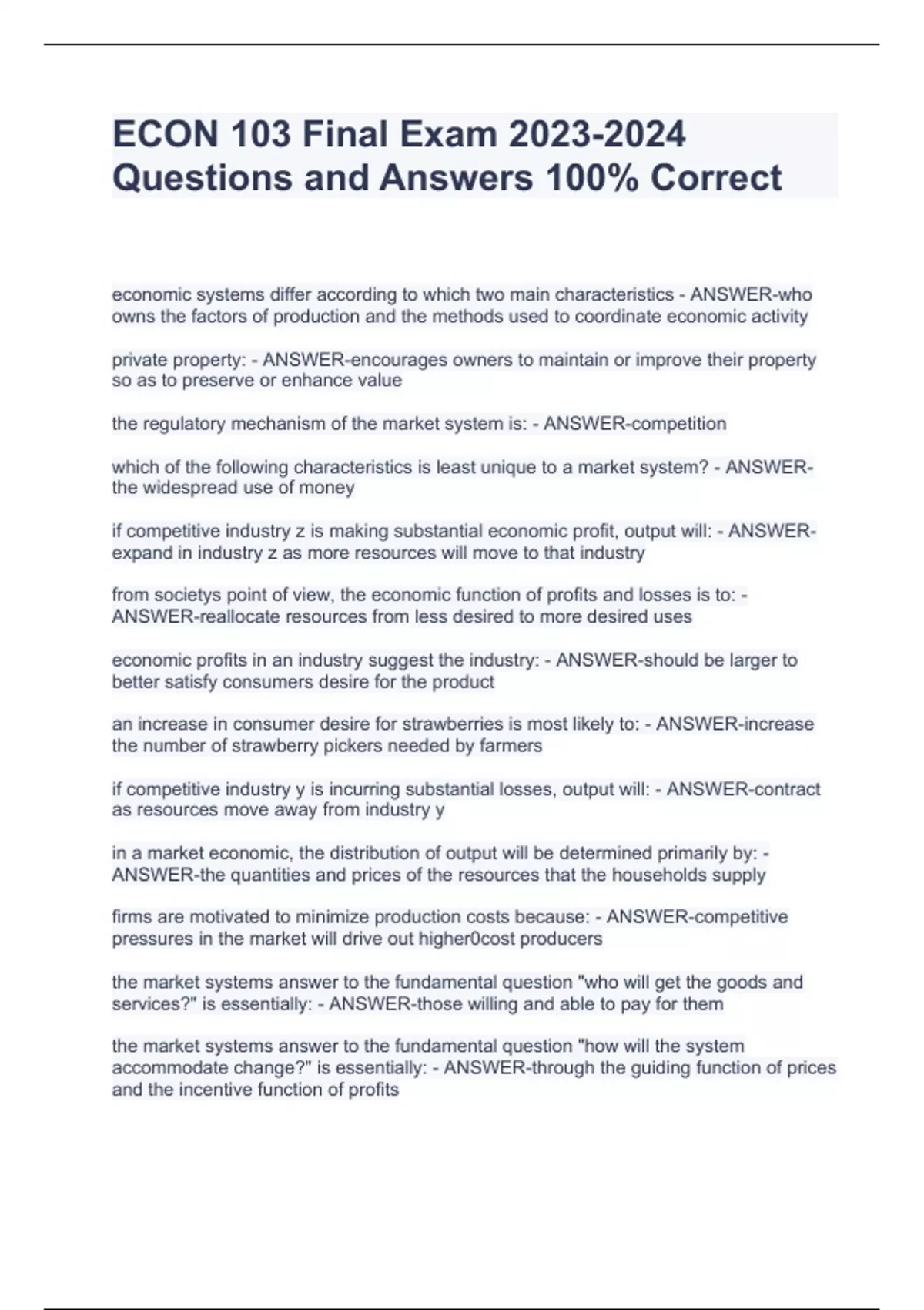 ECON 103 Final Exam Questions and Answers 100% Correct - ECON 103 - Stuvia US