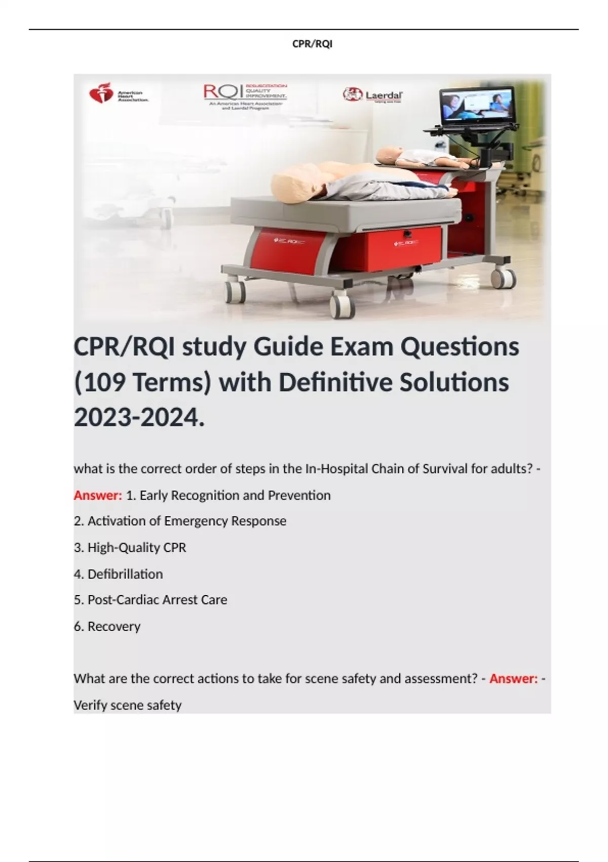 CPR/RQI study Guide Exam Questions (109 Terms) with Definitive ...