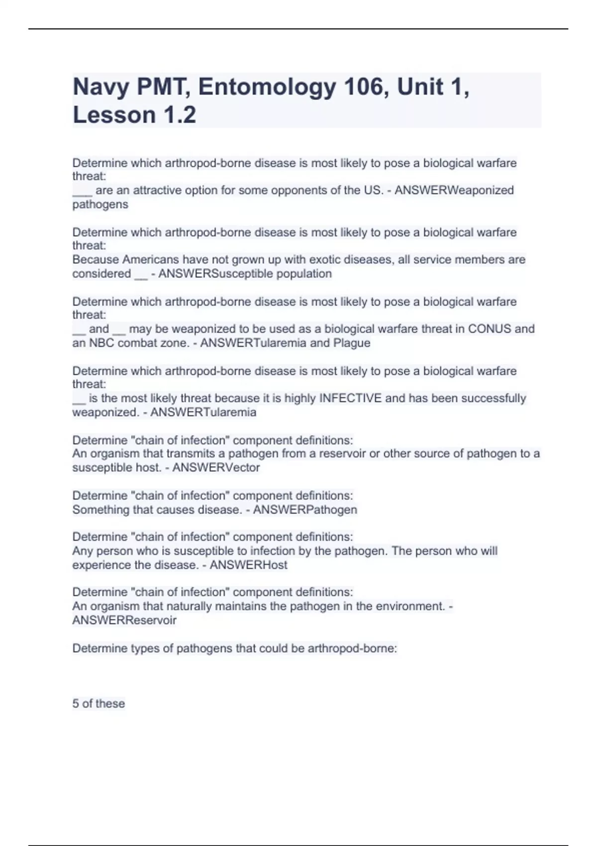 Navy PMT, Entomology 106, Unit 1, Lesson 1.2.Assignments of DVEP with ...