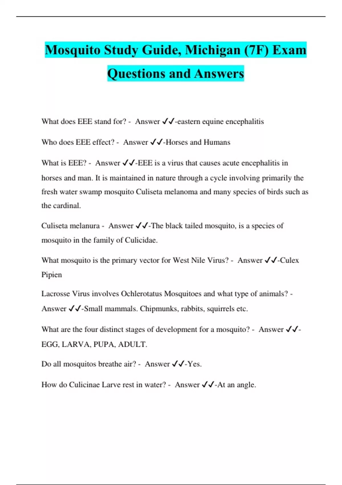 Mosquito Study Guide, Michigan (7F) Exam Questions and Answers ...