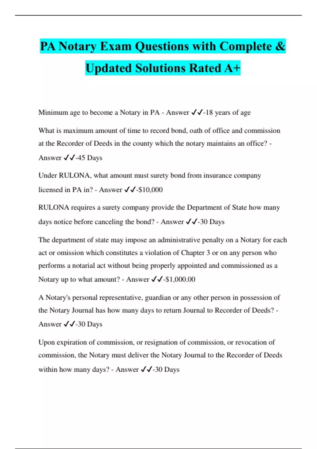 PA Notary Exam Questions with Complete & Updated Solutions Rated A+ ...