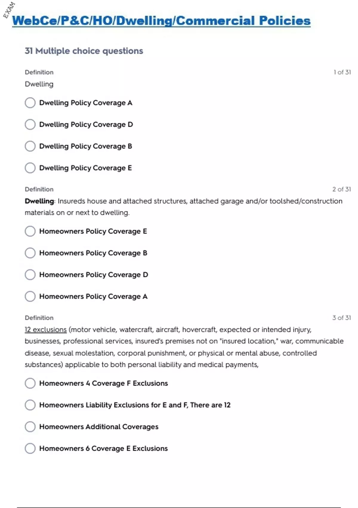 WEBCE P&C HO DWELLING COMMERCIAL POLICIES EXAM WITH 100% CORRECT VERIFIED ANSWERS - WEBCE ...