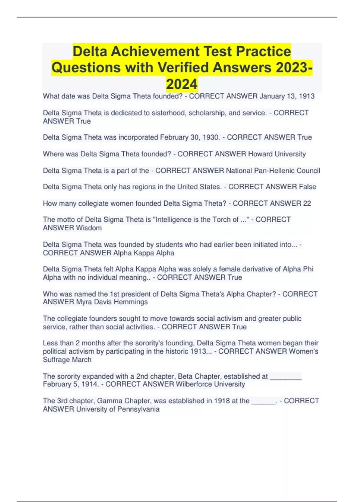 Delta Achievement Test Practice Questions with Verified Answers - Delta ...