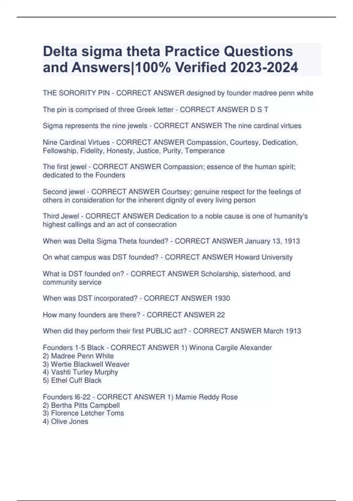 Delta sigma theta Practice Questions and Answers_100% Verified - Delta ...