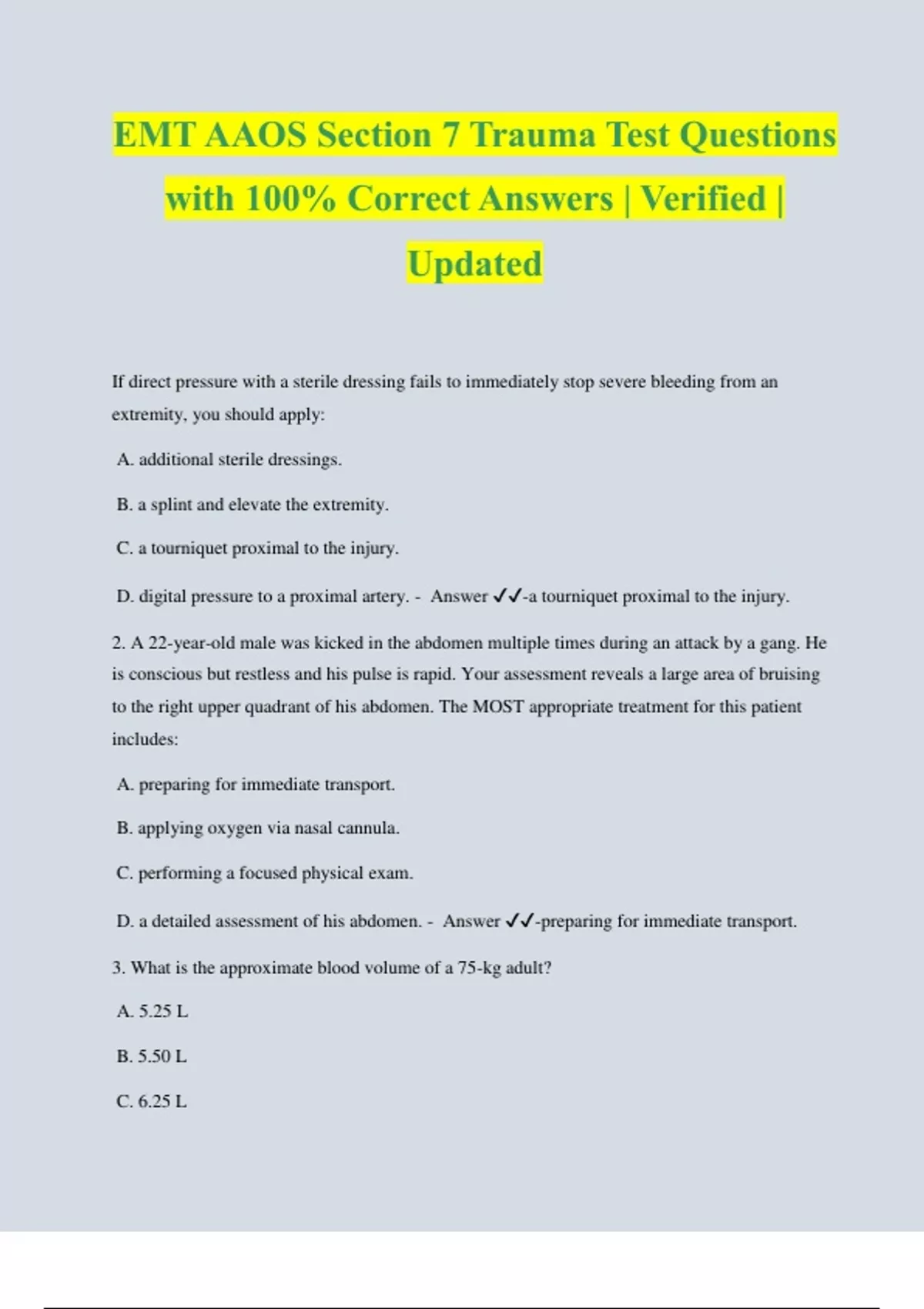 EMT AAOS Section 7 Trauma Test Questions with 100% Correct Answers ...