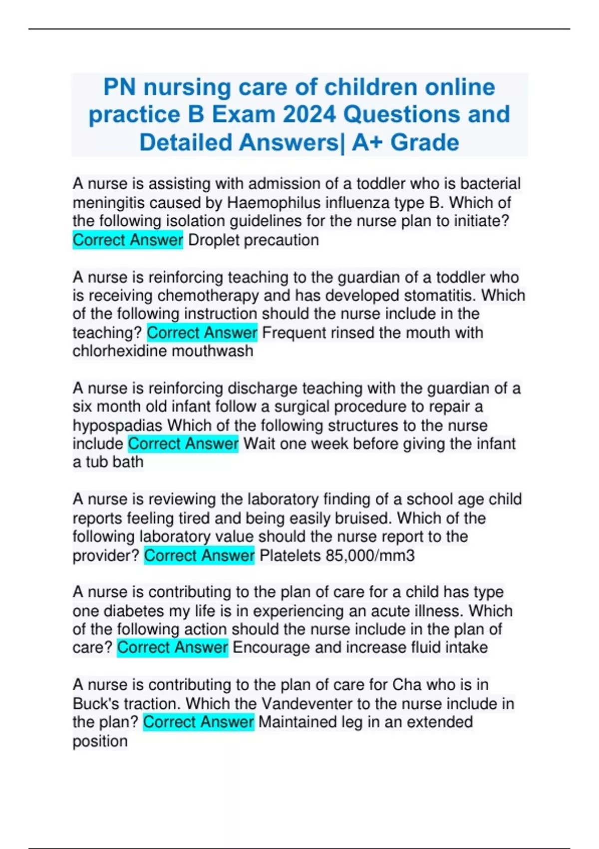 PN nursing care of children online practice B Exam 2024 Questions and Detailed Answers| A+ Grade ...