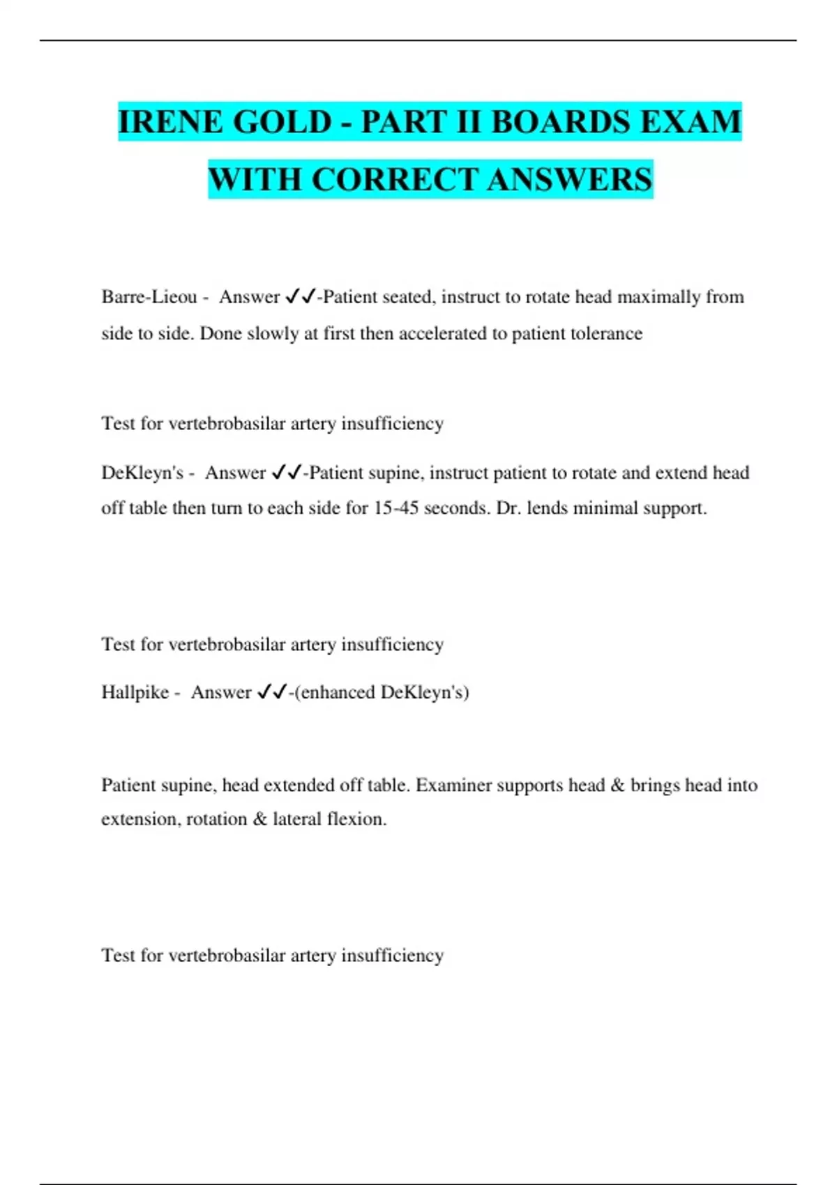 IRENE GOLD - PART II BOARDS EXAM WITH CORRECT ANSWERS - Irene Gold ...