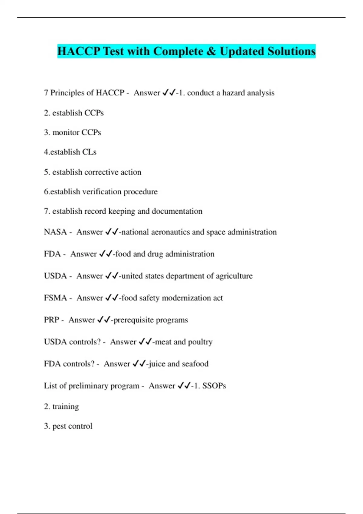 HACCP Test with Complete & Updated Solutions - HACCP - Stuvia US