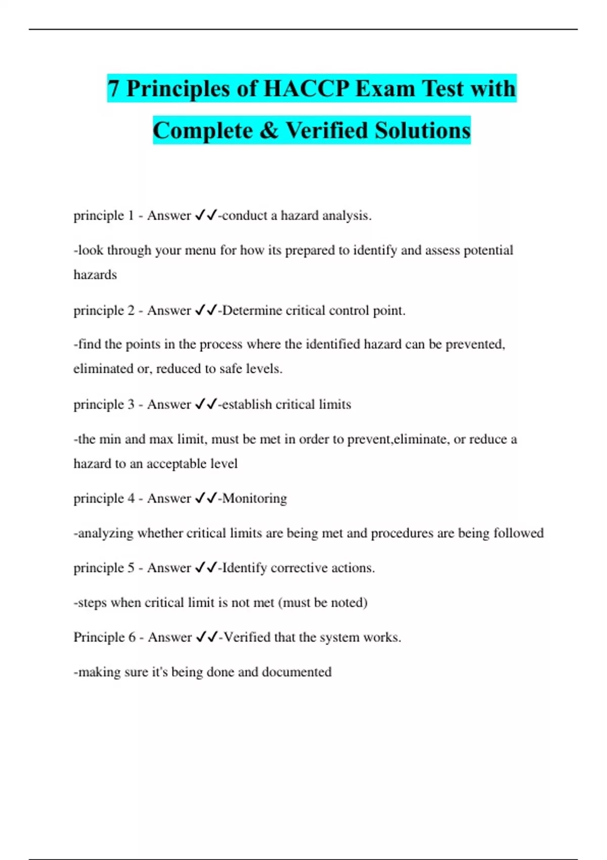 7 Principles of HACCP Exam Test with Complete & Verified Solutions ...