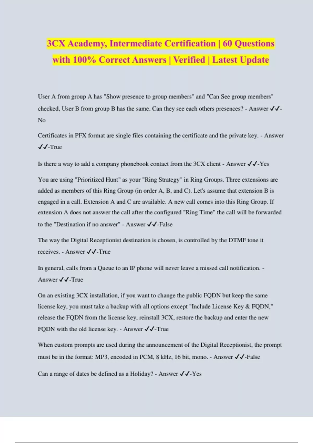 3CX Academy, Intermediate Certification | 60 Questions with 100% ...