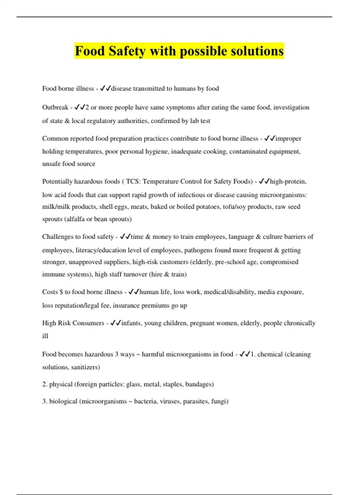 Food Safety with possible solutions - Food Safety Management - Stuvia US