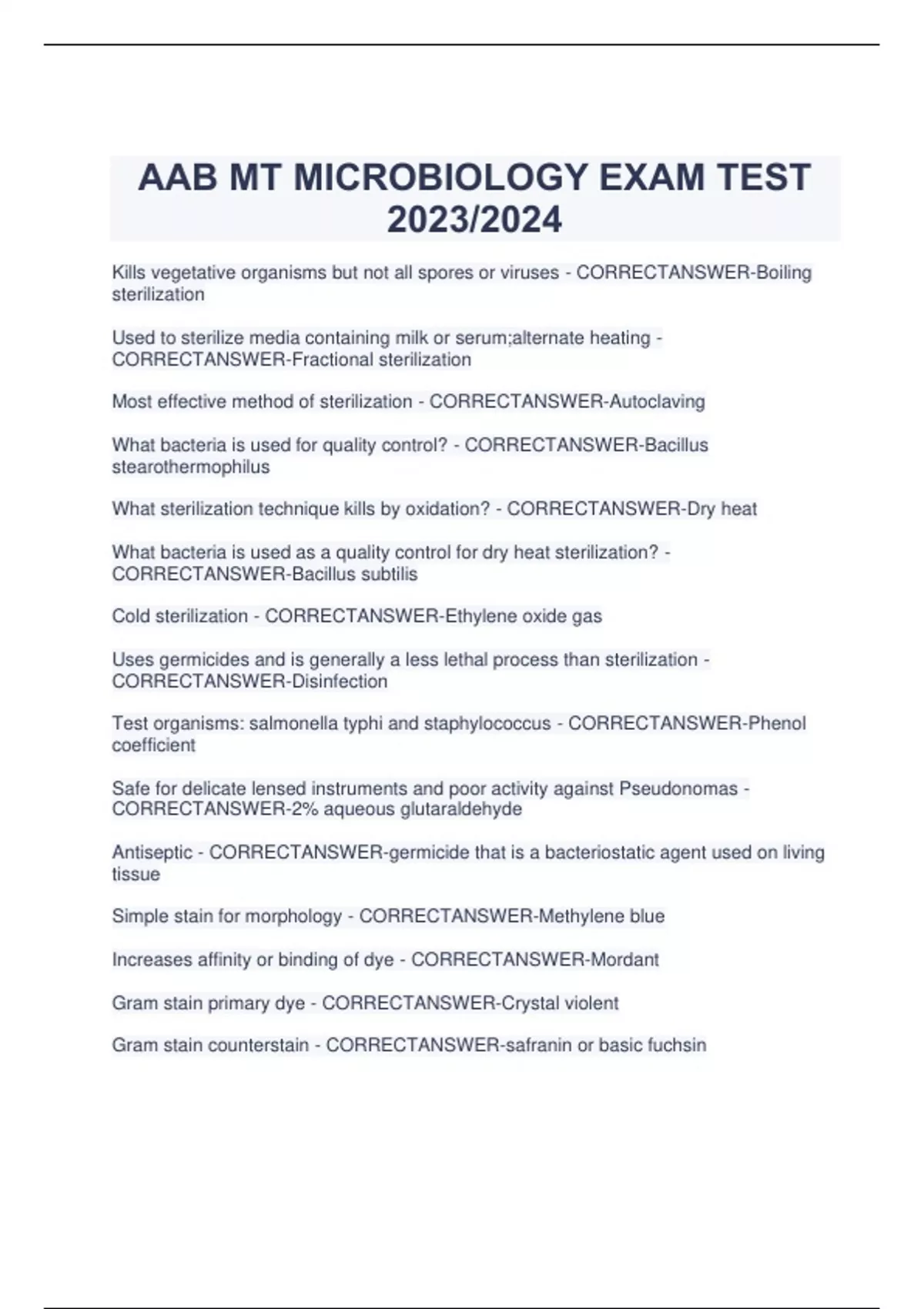MICROBIOLOGY EXAM TEST 2023/2024 - AAB MT - Stuvia US