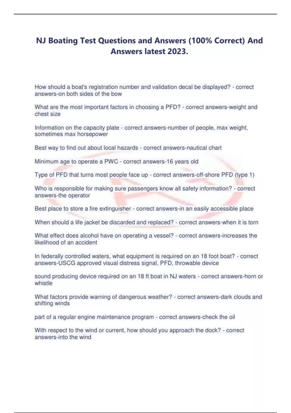 NJ Boating Test Questions and Answers (100% Correct)And Answerslatest ...