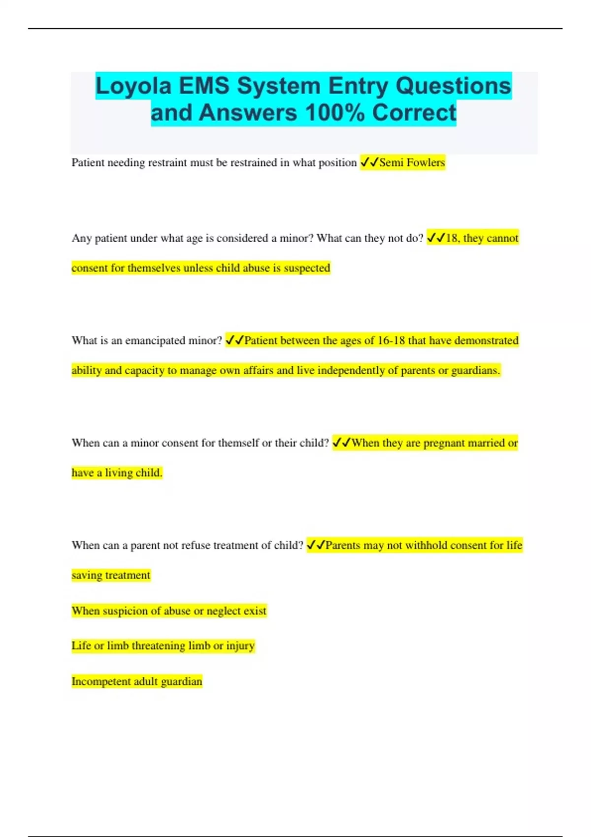 Loyola EMS System Entry Questions and Answers 100% Correct - Loyola EMS ...